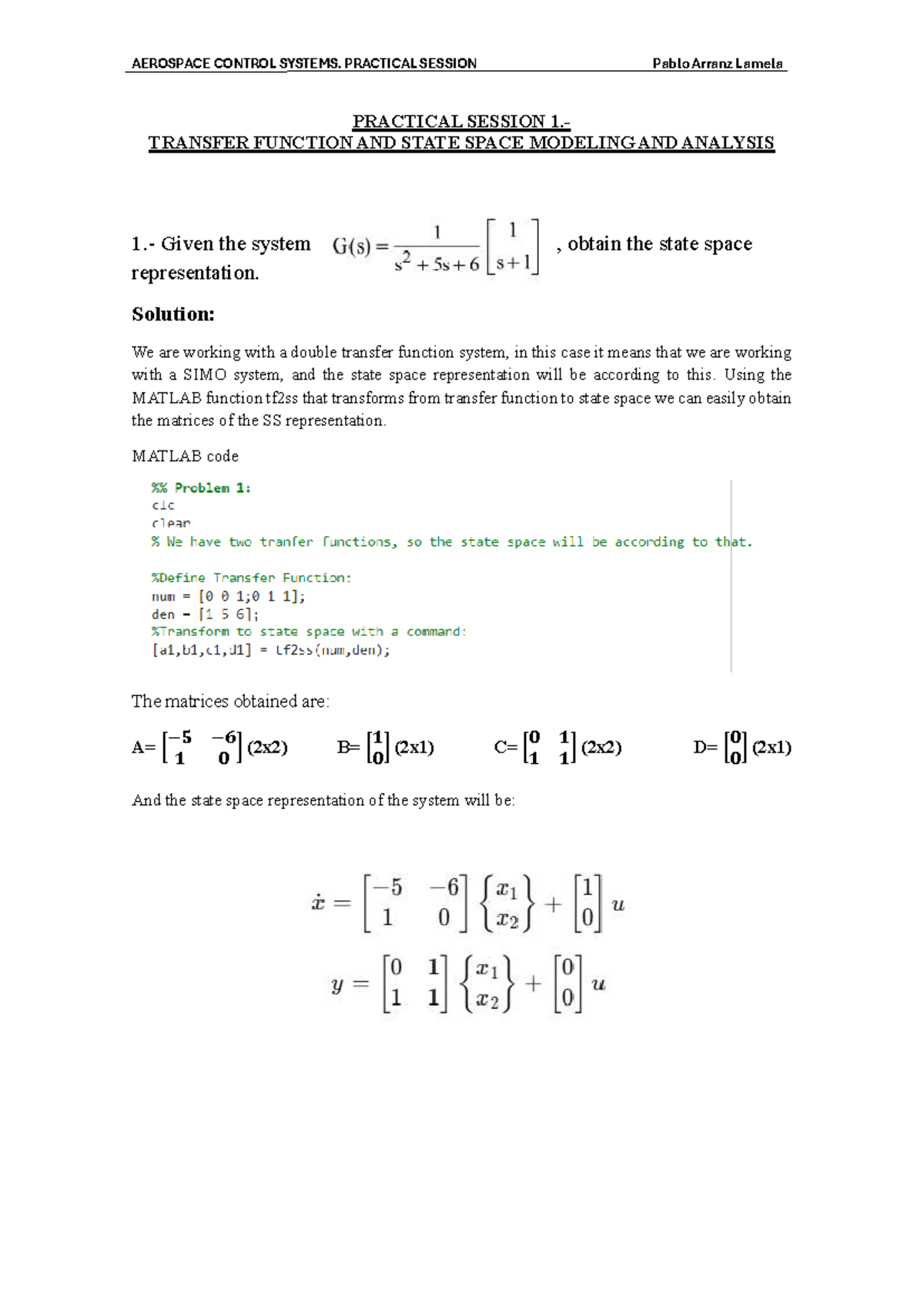 AEROSPACE CONTROL SYSTEMS - PRACTICAL SESSION 1: STATE SPACE & TRANSFER ...