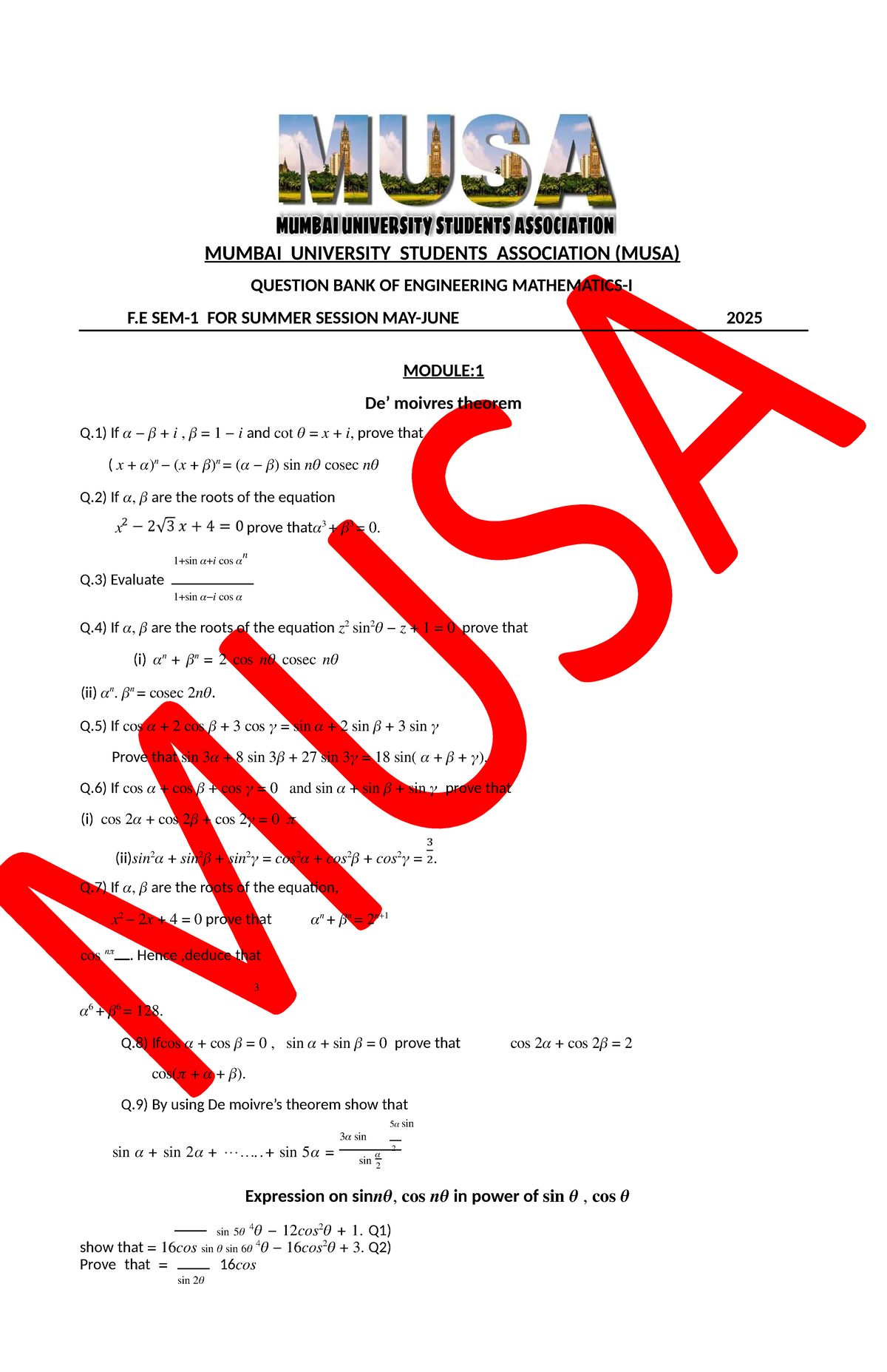 M1 QB - Engineering Question Bank for Mumbai University F.E. Summer ...