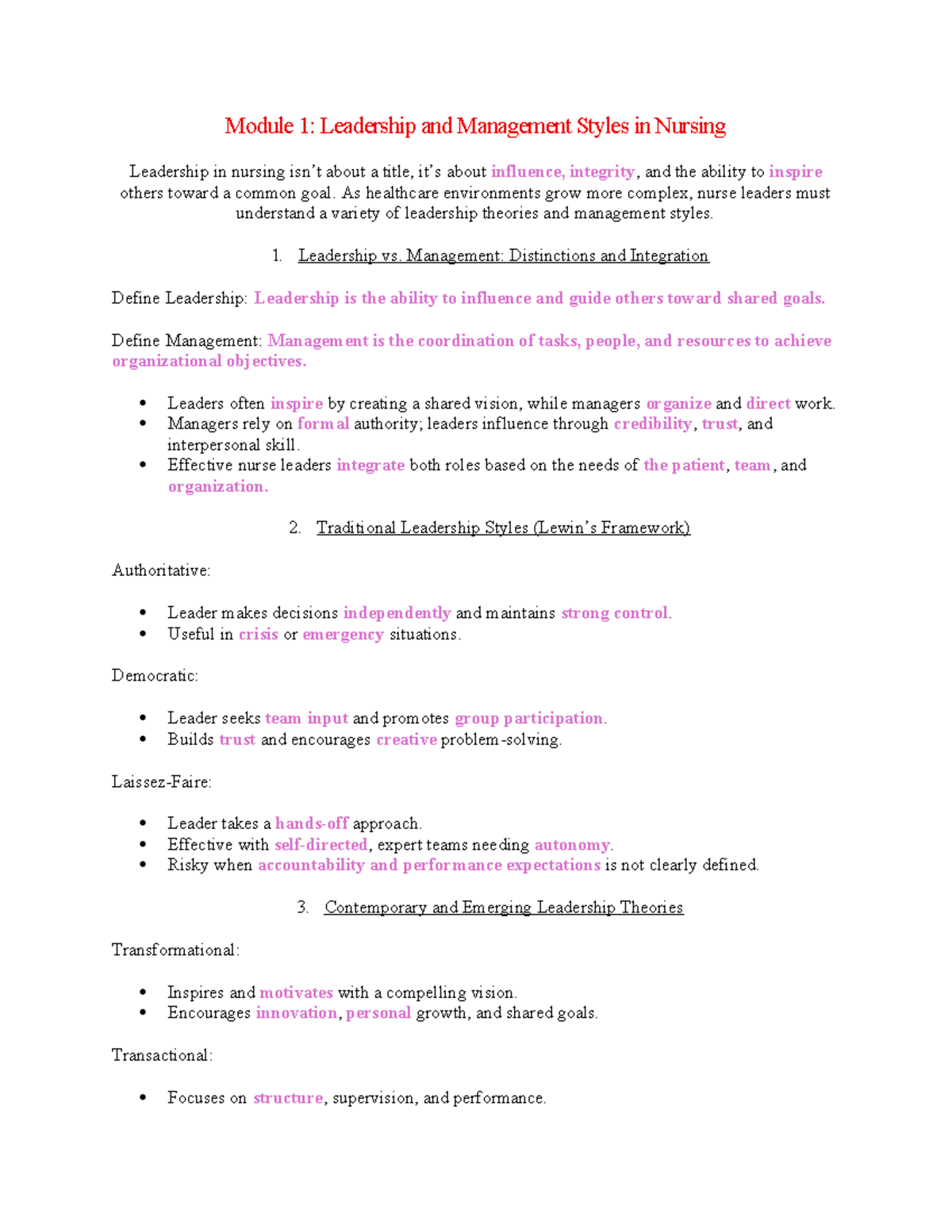 NUR4590 Module 1: Leadership & Management Styles in Nursing - Studocu