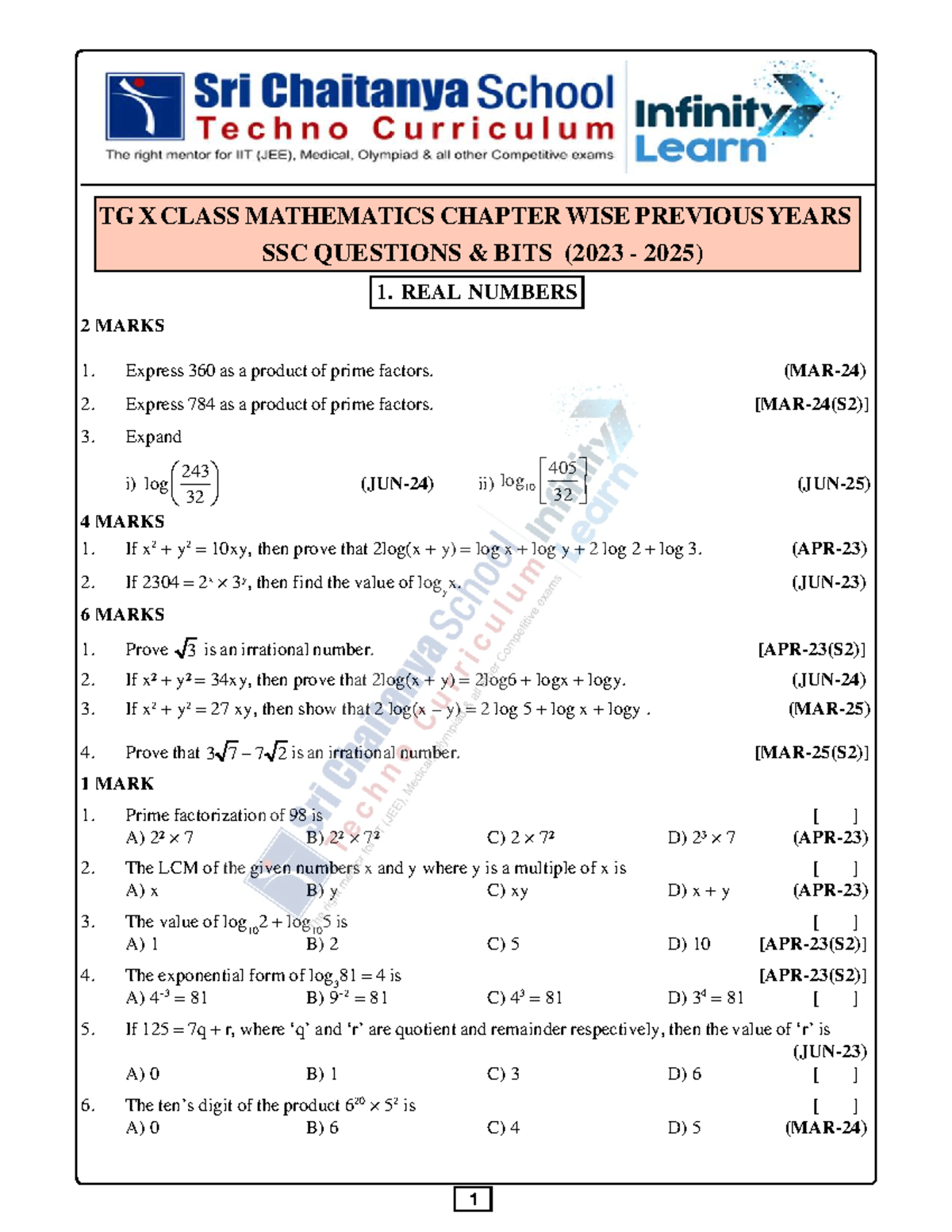 TG-X Maths Chapterwise Previous Years' Questions & Bits (2023-2025 ...