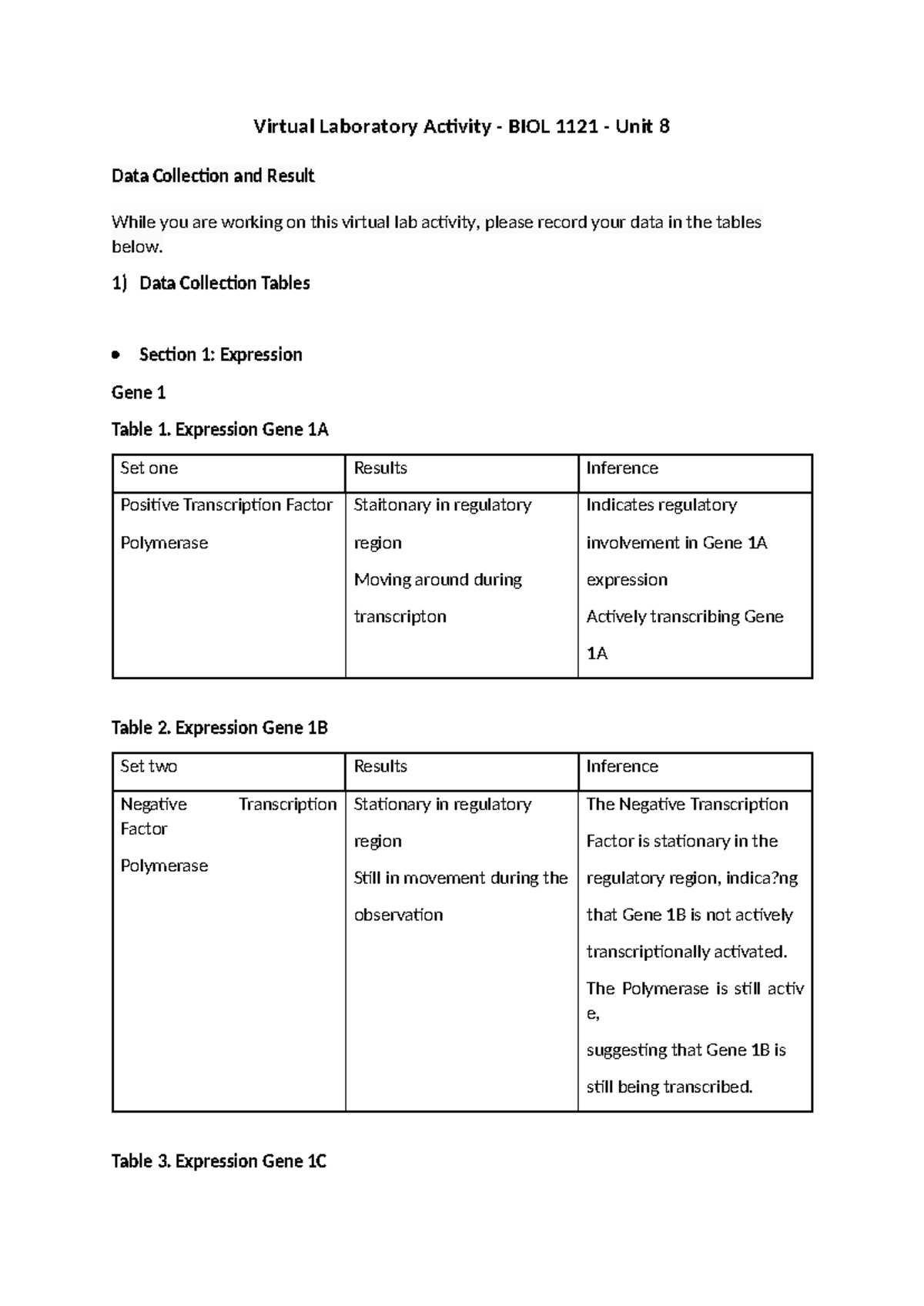 Virtual Lab Assignment: Gene Expression in BIOL 1121 - Unit 8 - Studocu