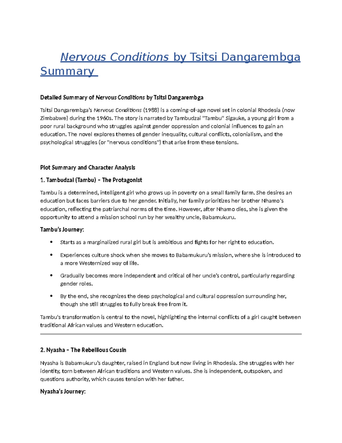 Nervous Conditions (1988) Summary: Themes, Characters & Analysis - Studocu