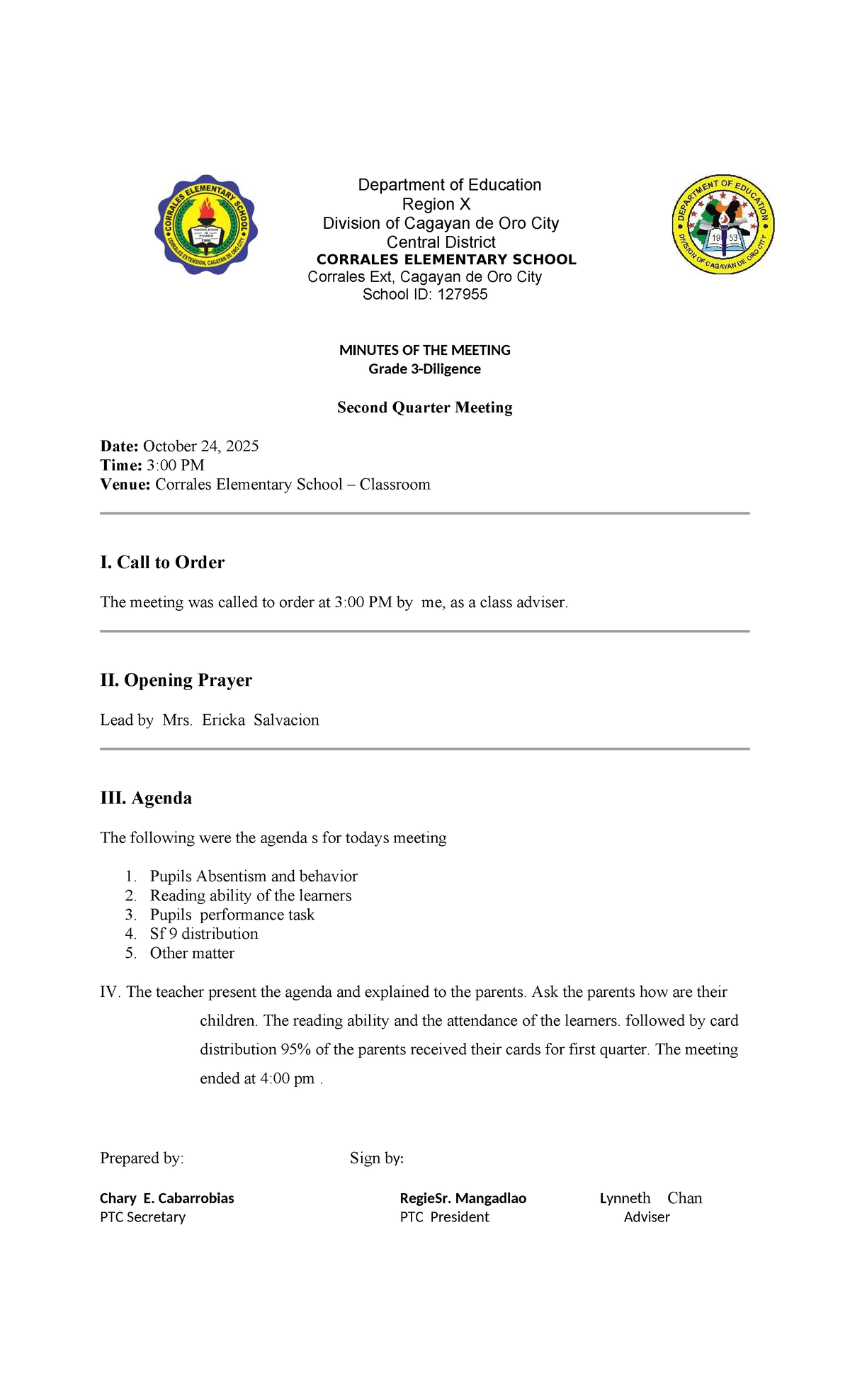 2nd Quarter Meeting Minutes - Corrales Elementary School - Studocu