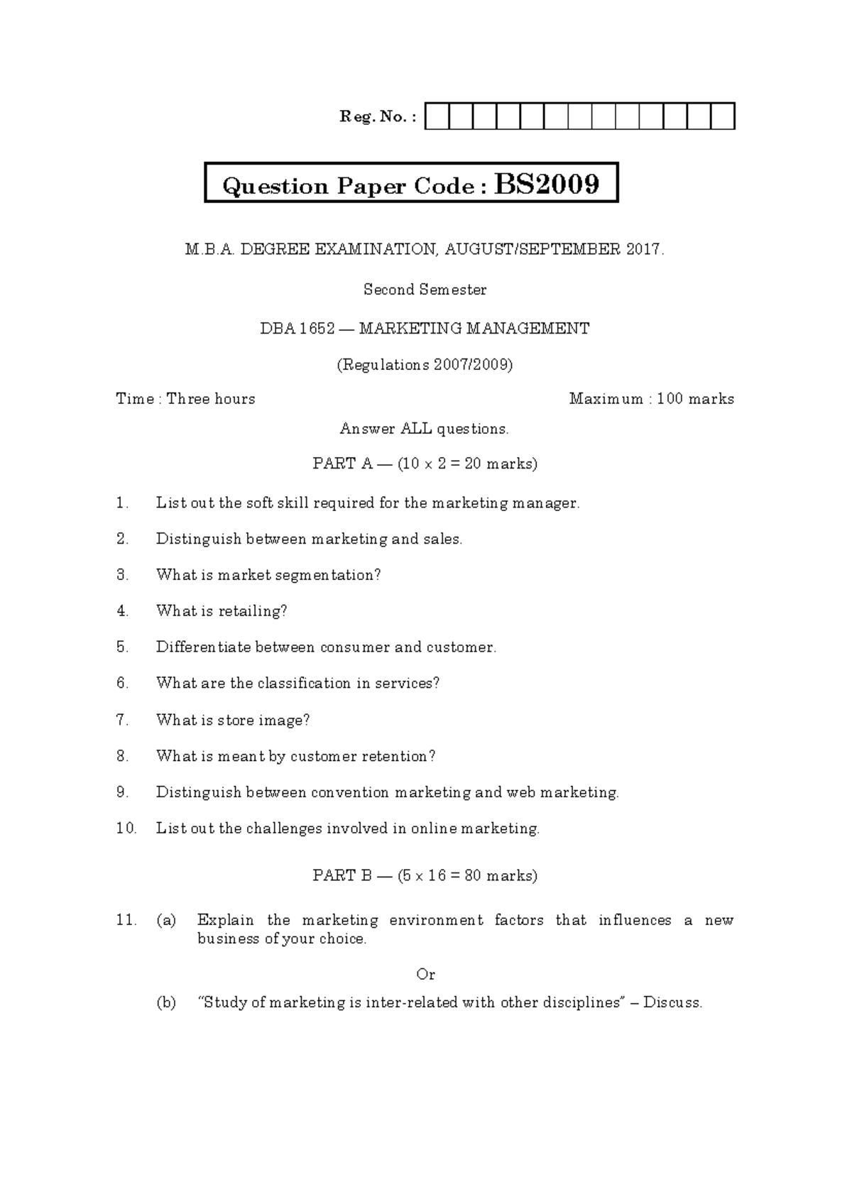 MBA1652 - Marketing Management Final Exam Question Paper - Studocu