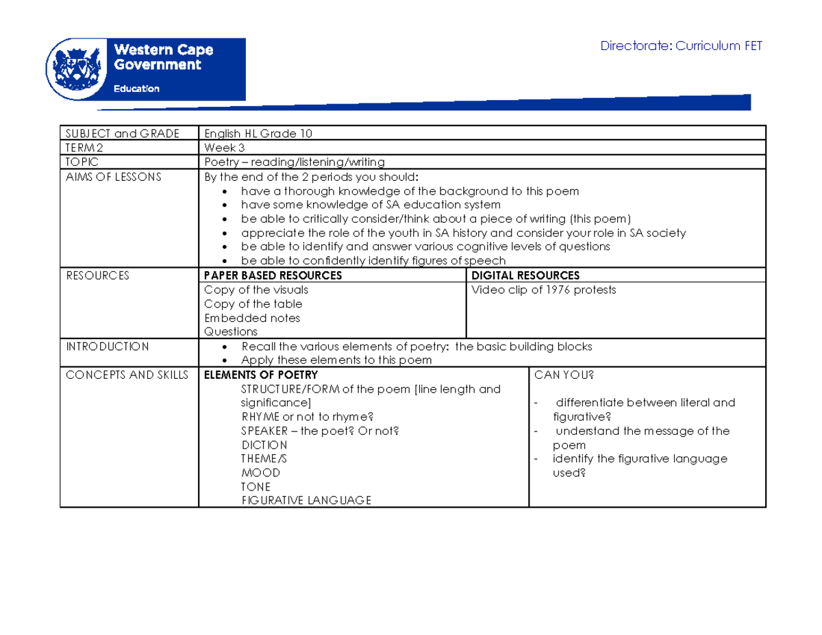 English HL Grade 10 Poetry Analysis - Term 2 Week 3 2020 - Studocu