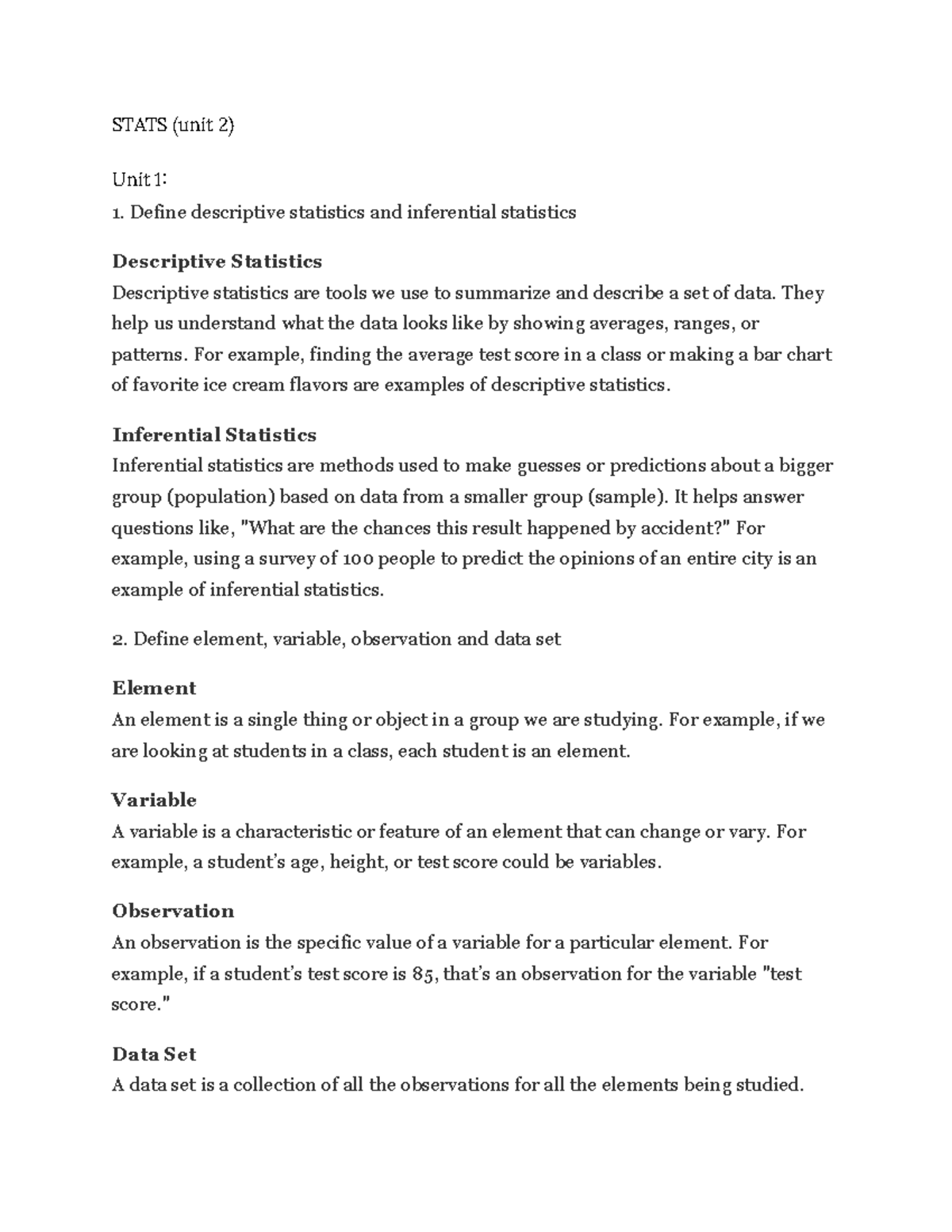 MATH215 Unit 1 Notes - STATS (unit 2) Unit 1: Define descriptive ...