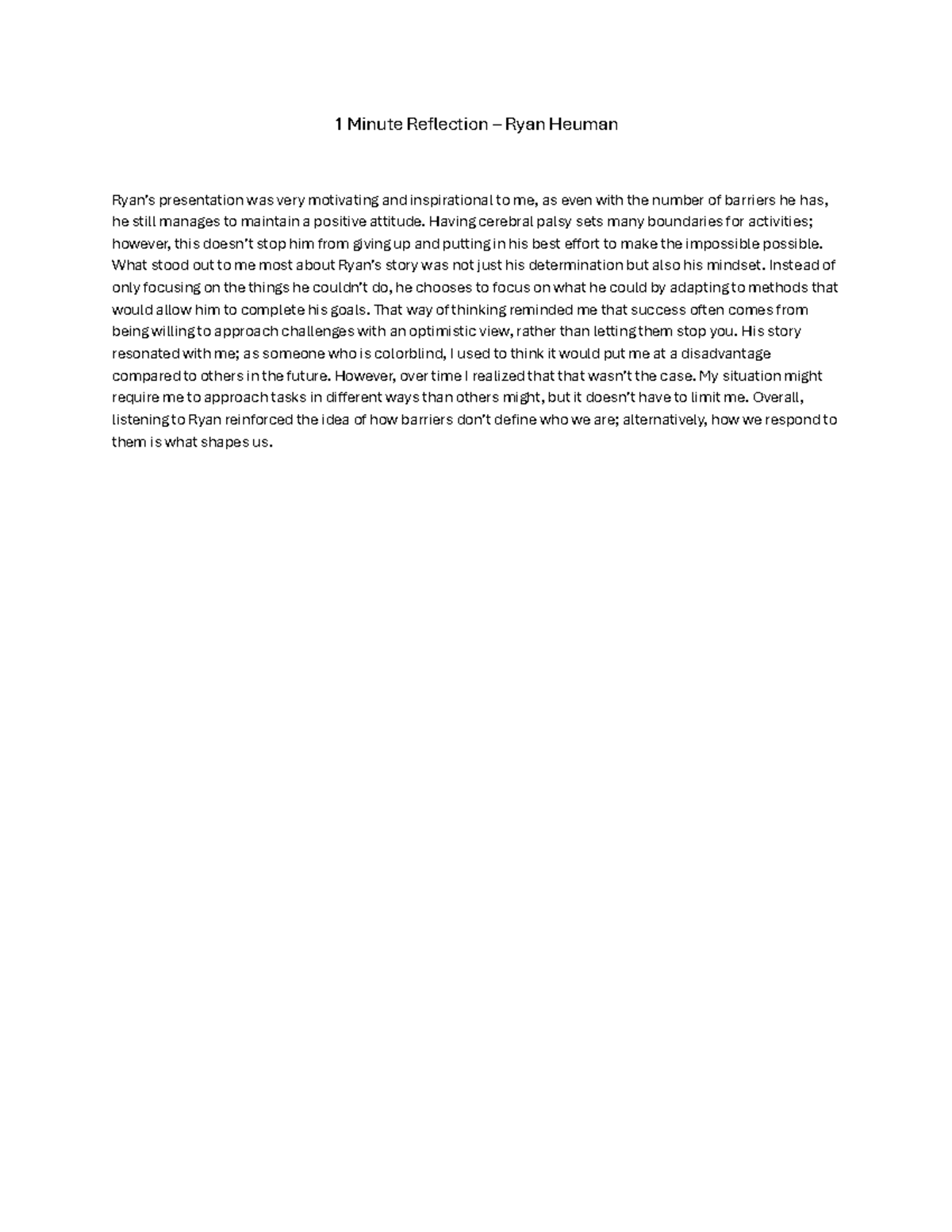 1-Minute Reflection on Ryan Heuman's Inspiring Presentation - Studocu