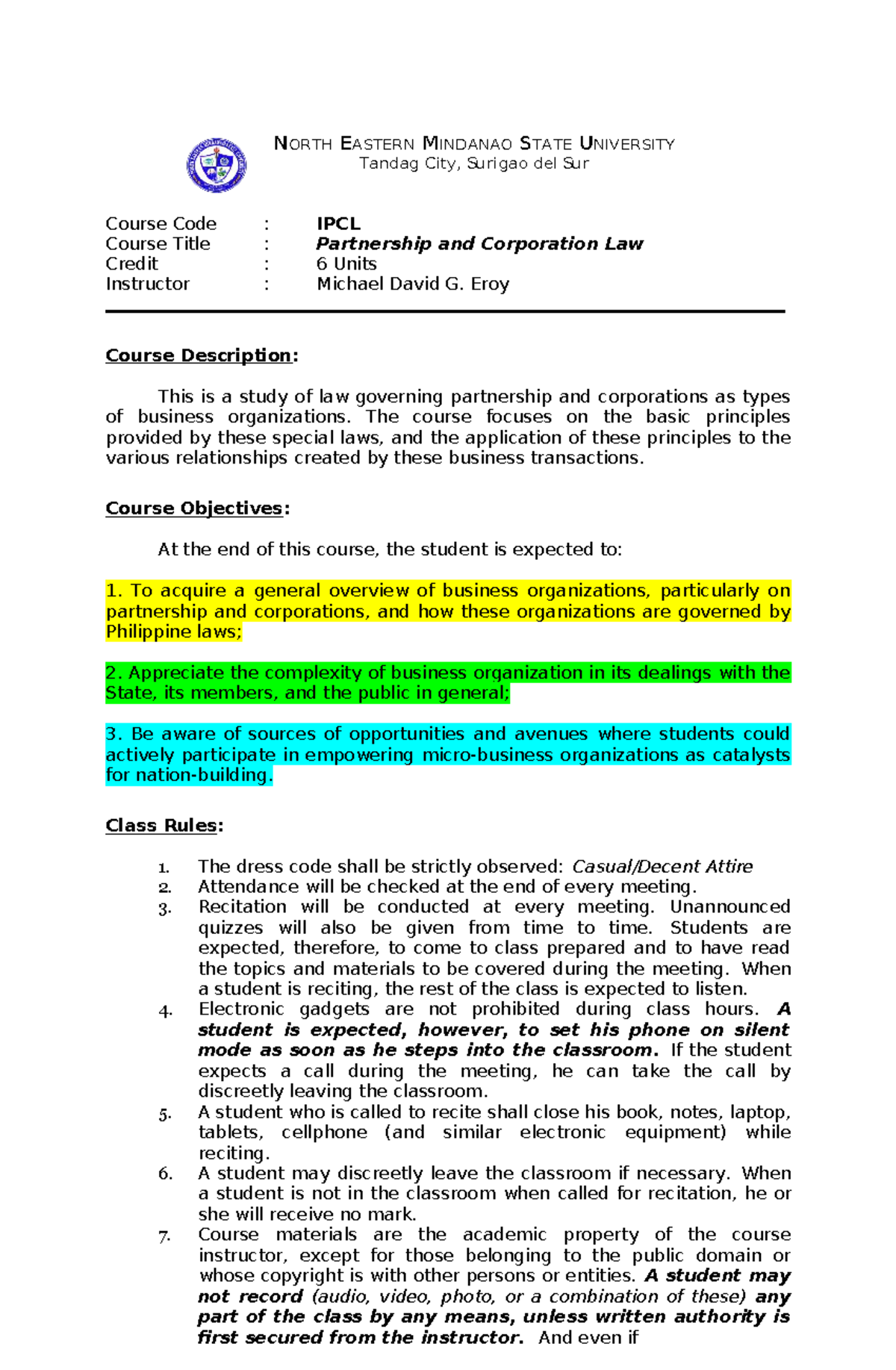 Partnership and Corporation Law (IPCL) Course Outline & Guidelines ...