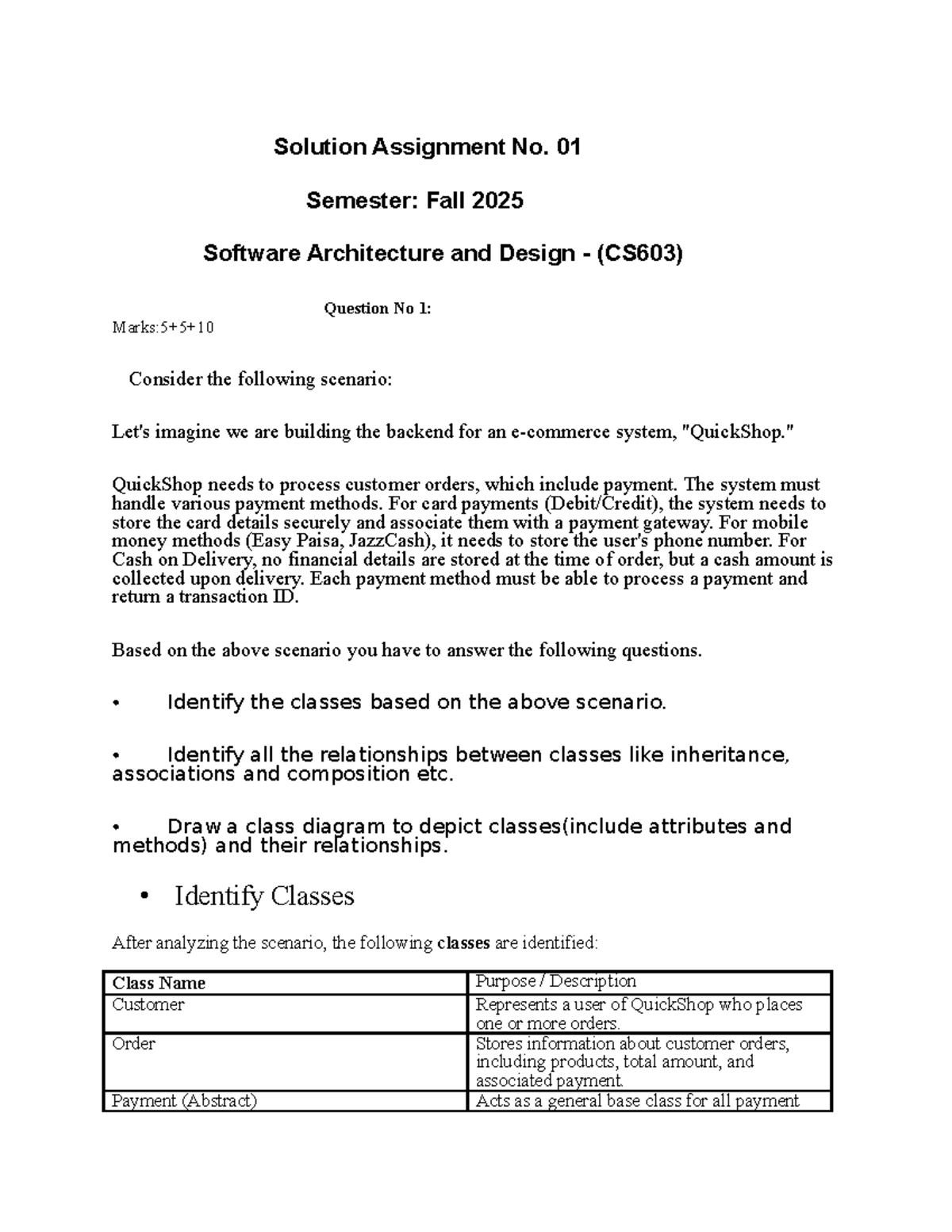 Solution Assignment 01: CS603 Software Architecture & Design - Studocu