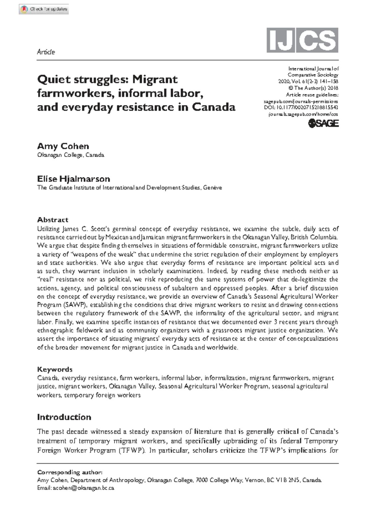 Everyday Resistance Strategies of Migrant Farmworkers in Canada's SAWP ...