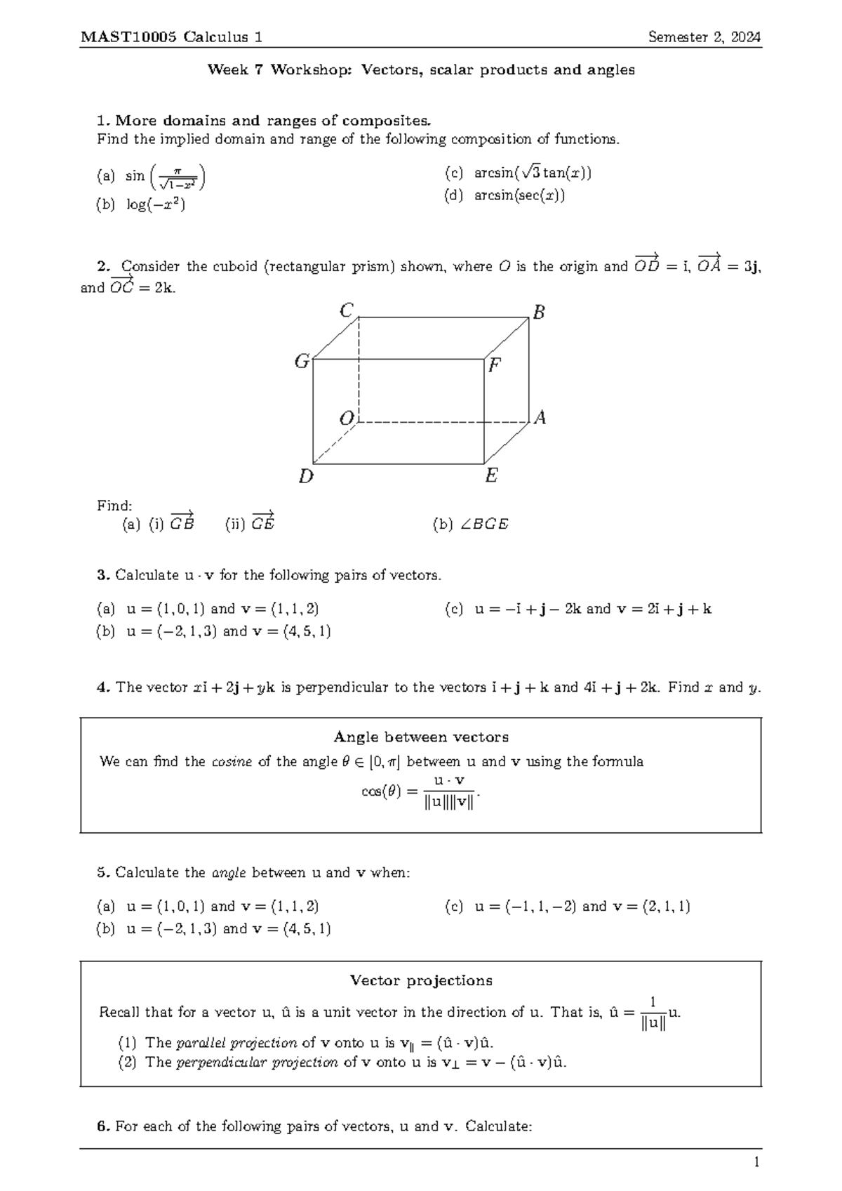Calculus 1 (MATH101) Week 7 Workshop: Vectors & Compositions - Studocu
