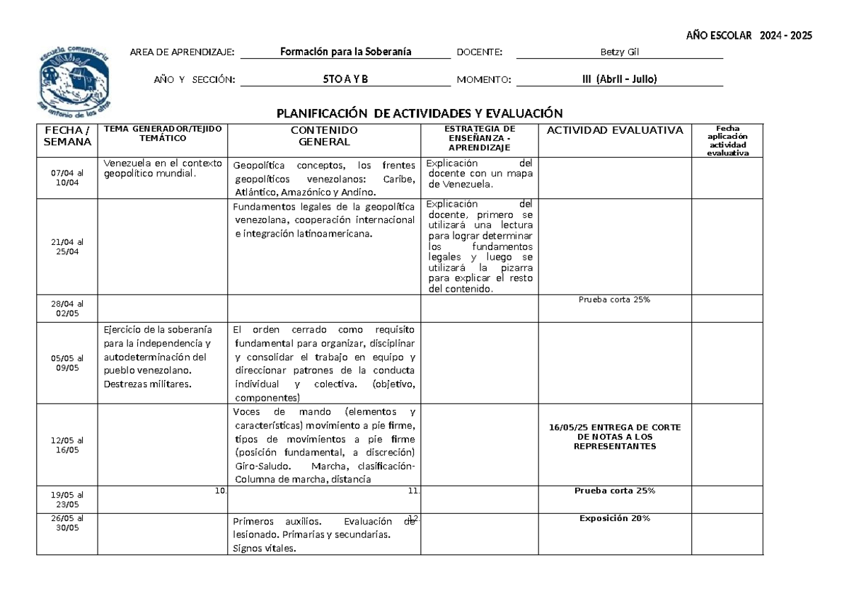 Planificación de Actividades y Evaluación 5TO A-B Soberanía 2024-2025 ...