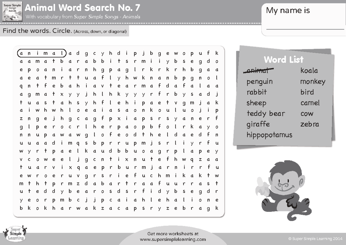 Animal Word Search No. 7 - Vocabulary from Super Simple Songs - Studocu