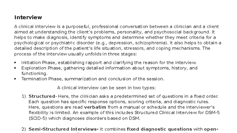 Clinical Interview: Understanding Techniques and Approaches - Studocu