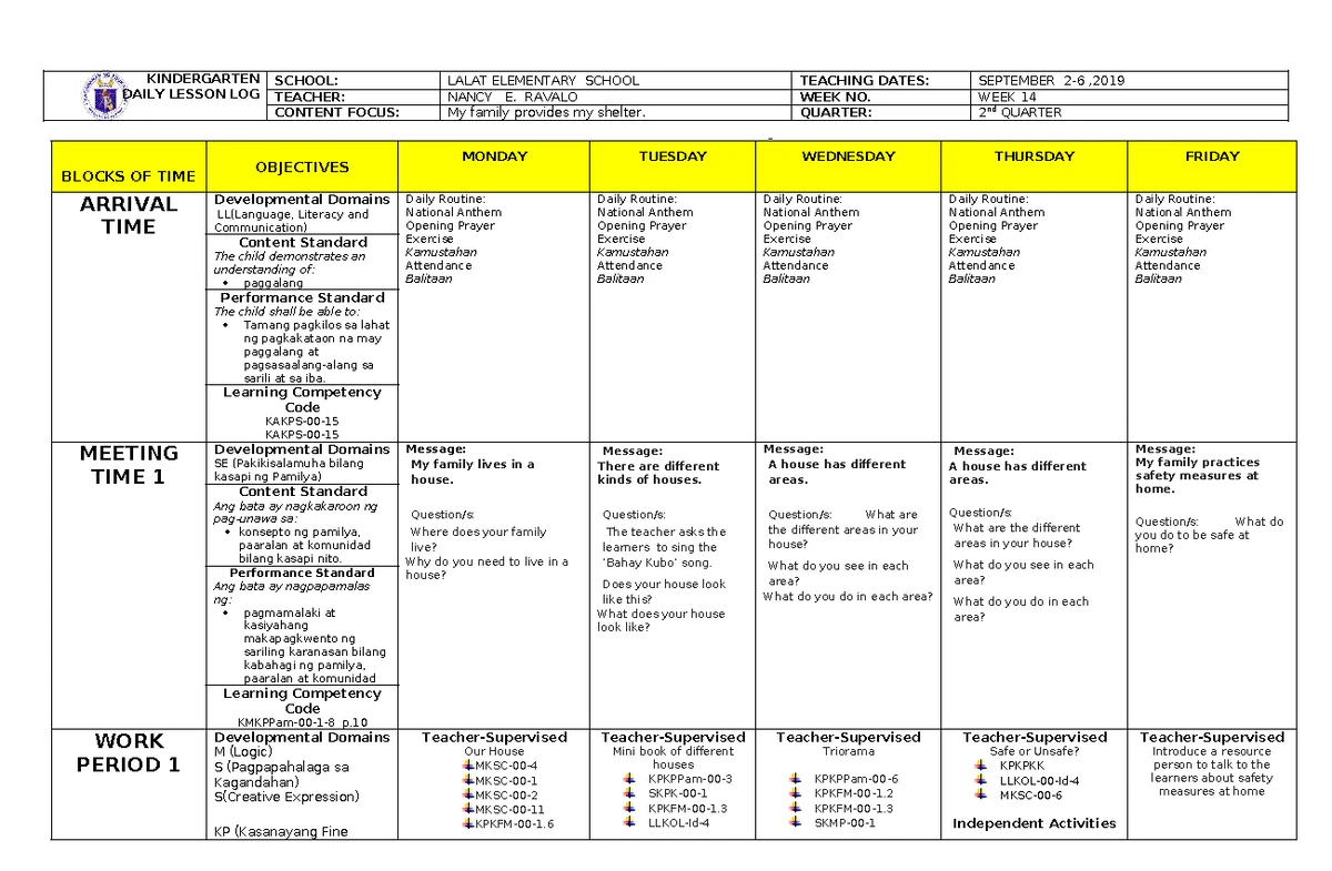 WEEK 10 DAILY LESSON LOG FOR KINDERGARTEN KDE-1ST QUARTER - Studocu