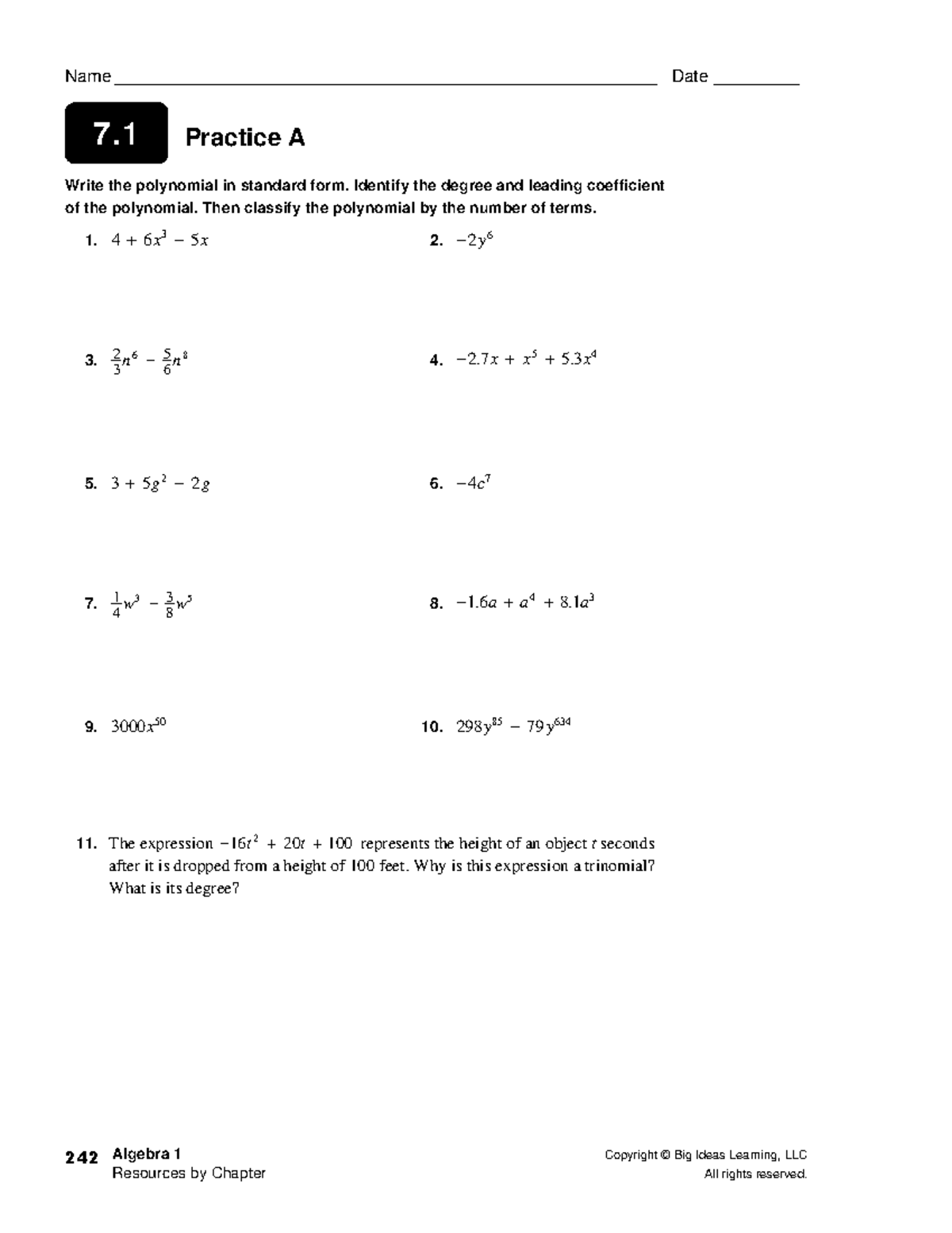 Algebra 1: Section 7.1 Practice A - Polynomials Standard Form Exercise ...