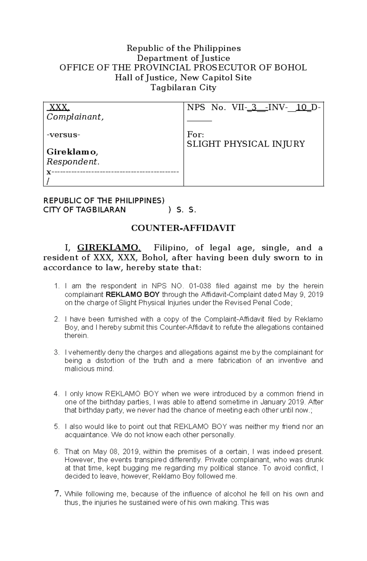 CRIM CASE- Counter-Affidavit for SLIGHT PHYSICAL INJURY NPS No. - Studocu