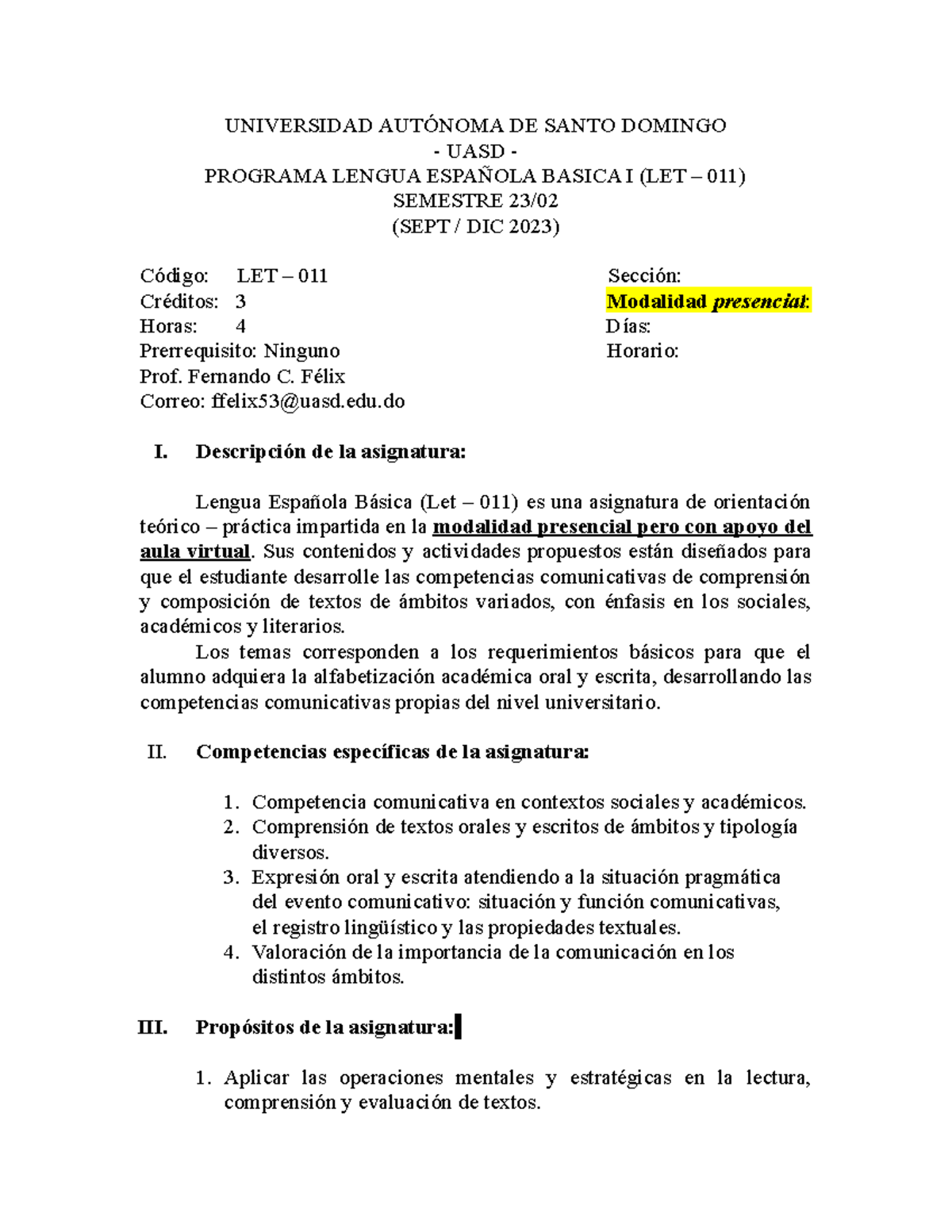 Programa de Lengua Española Básica I (LET-011) Semestre Sept-Dic 2023 - Studocu
