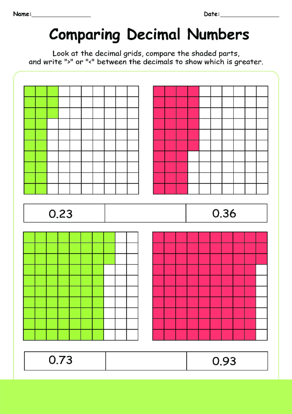 Comparing Decimal Numbers - 4th Grade Worksheet - Name: Date: Comparing ...
