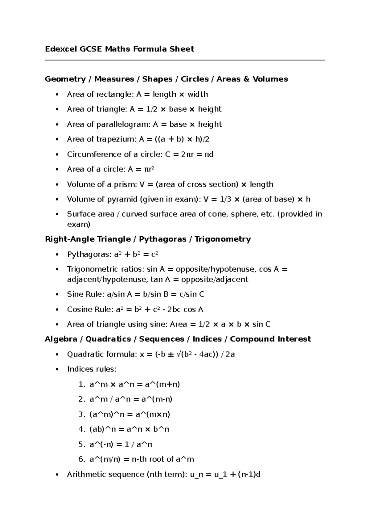 Edexcel GCSE Maths: Geometry & Algebra Formula Sheet - Studocu