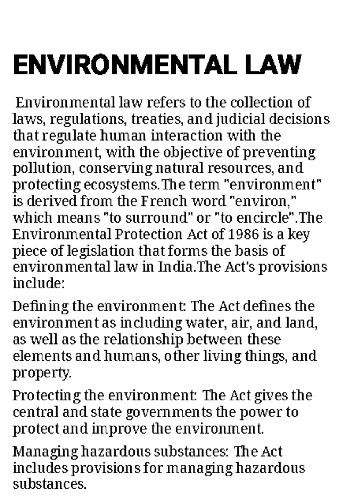 Environment law - ENVIRONMENTAL LAW Environmental law refers to the ...