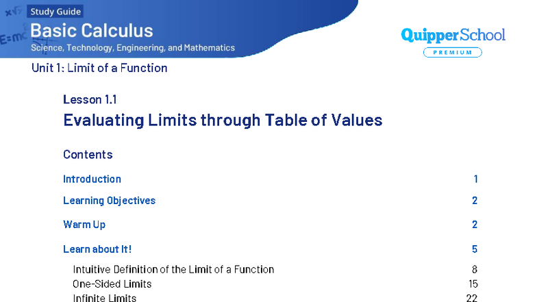 Unit 1: Limits of a Function - Lesson 1.1 Evaluating Limits via Tables ...