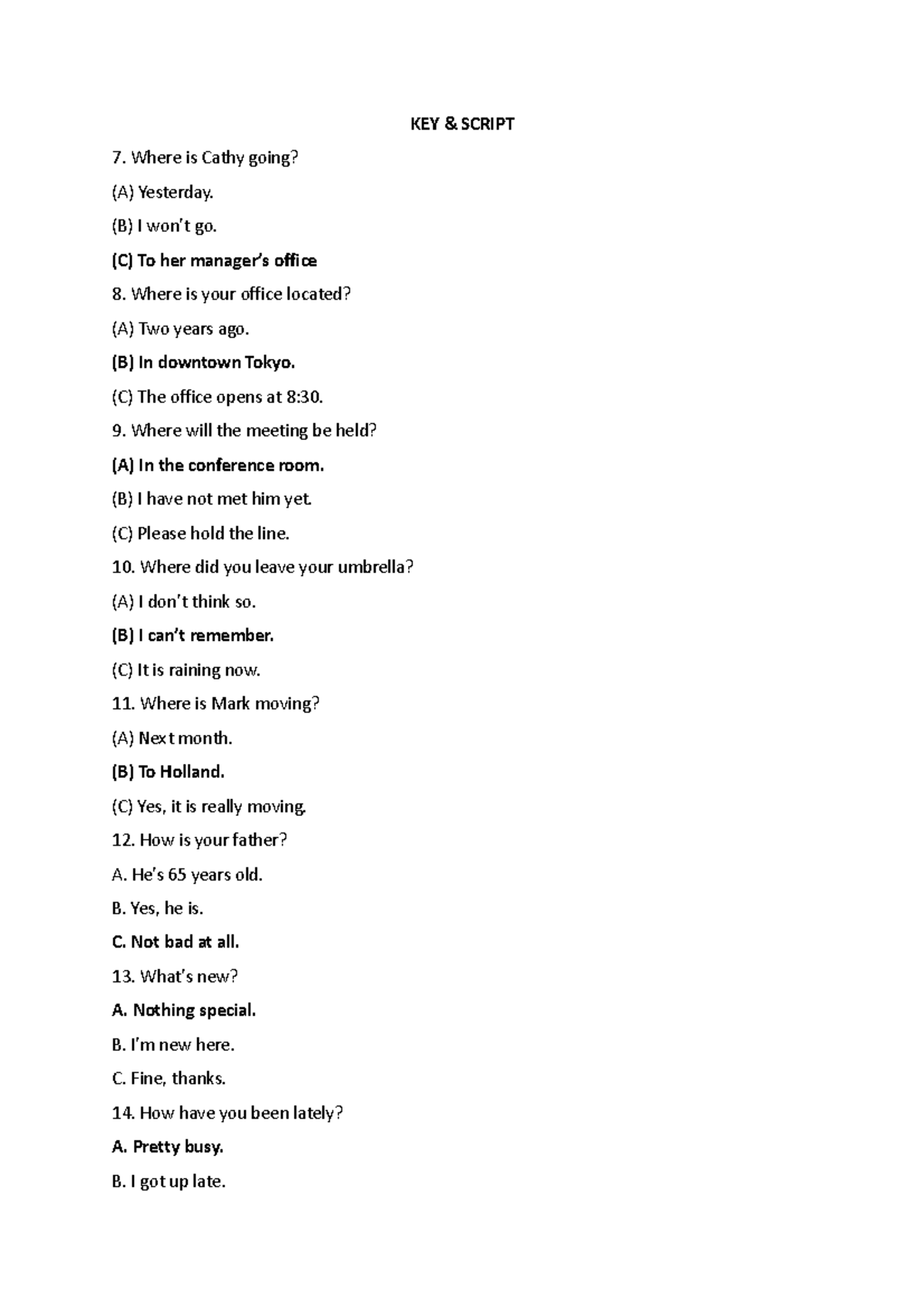Script Mini Test 4 - Practice materials - KEY & SCRIPT Where is Cathy ...