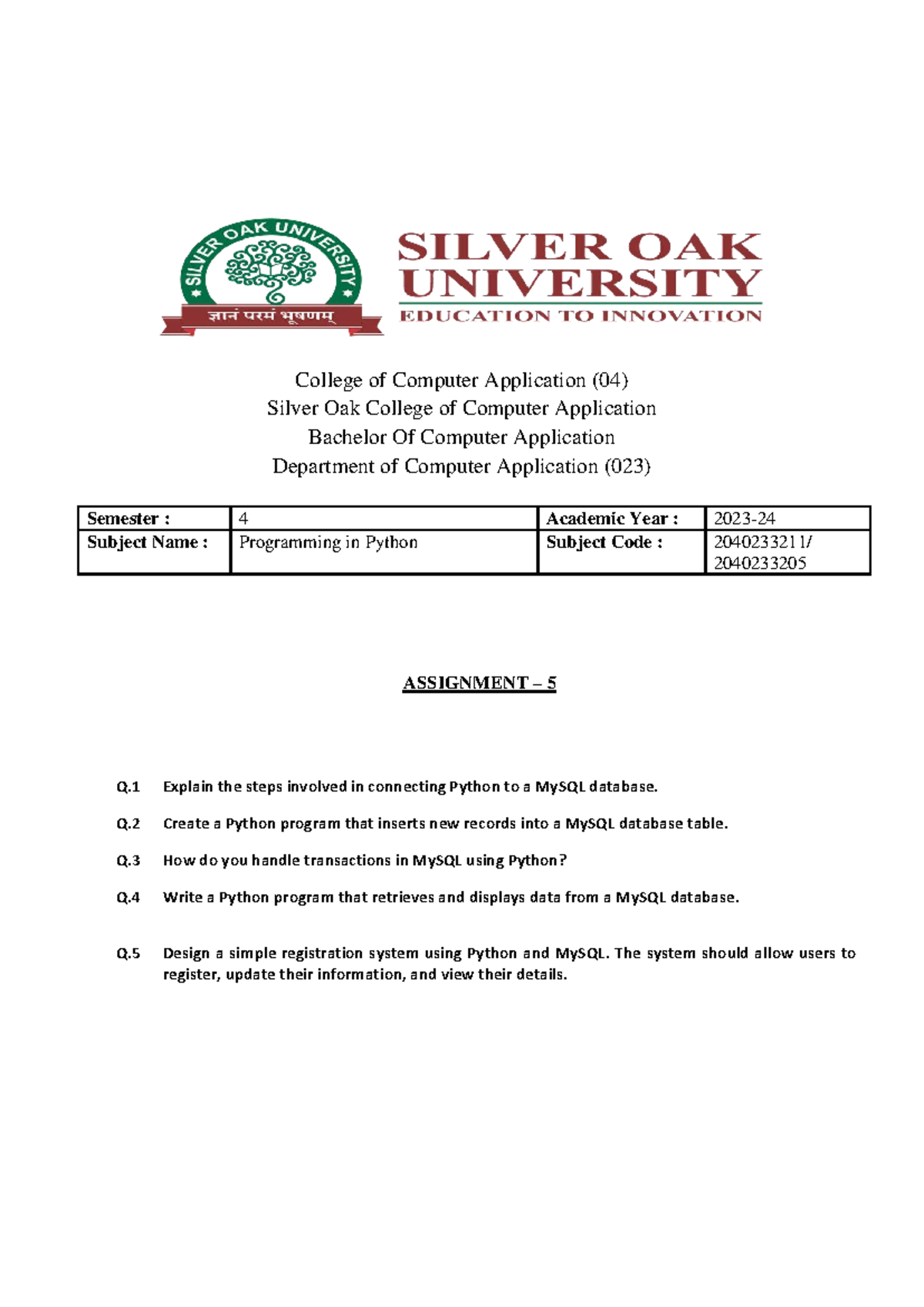 BCA 2040233205: Python Assignment 5 - MySQL Database Integration - Studocu