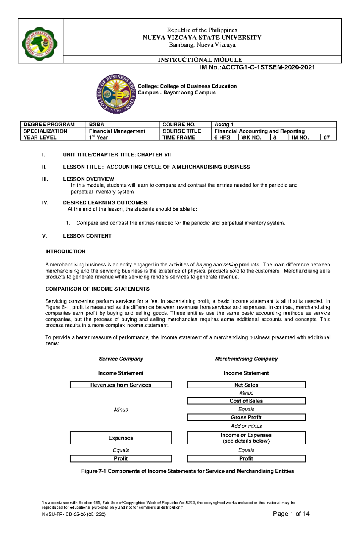 Module VII: Accounting Cycle of a Merchandising Business (ACCTG1-C ...