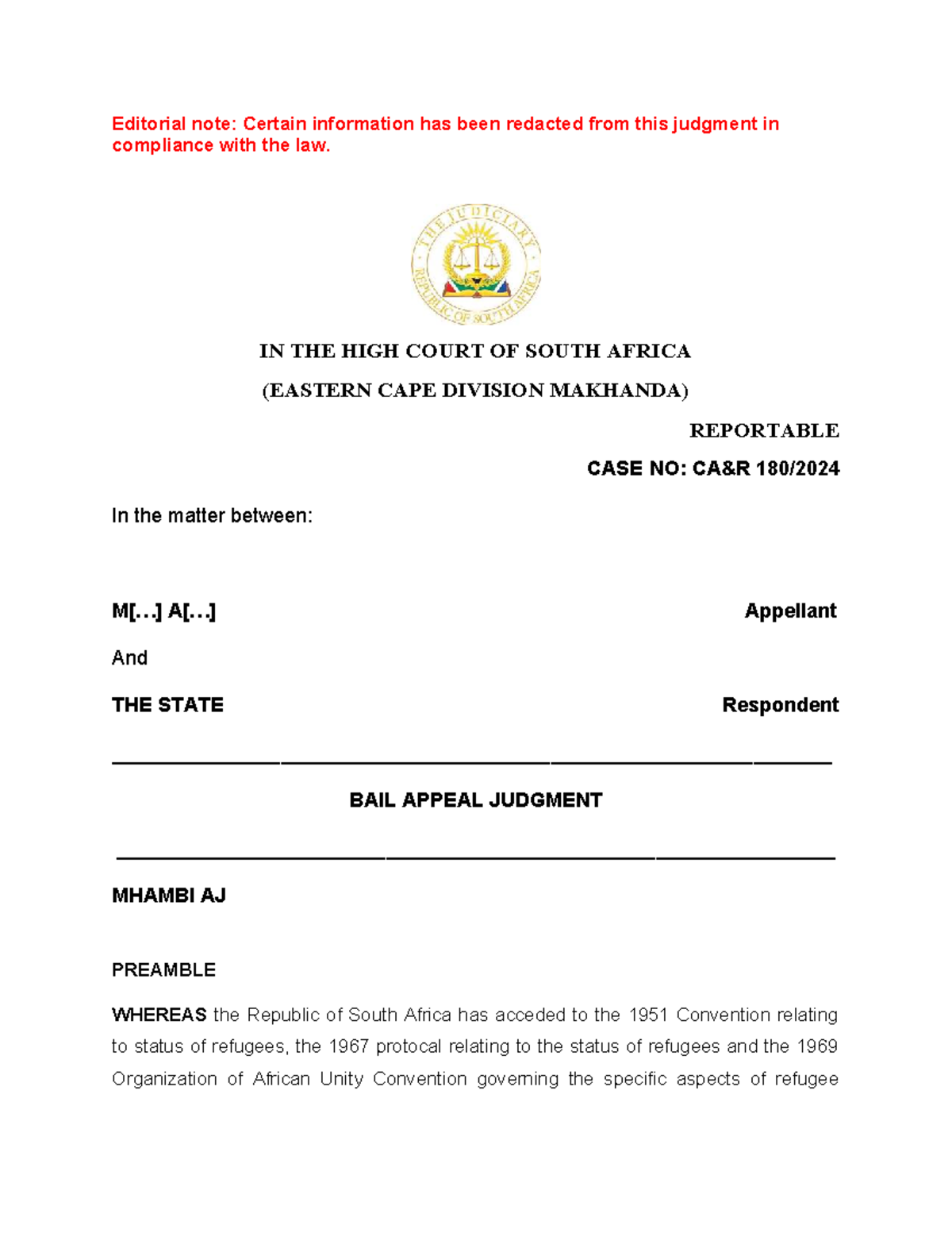 Bail Appeal Judgment: M A v S (CAR 1802024) - High Court Ruling - Studocu