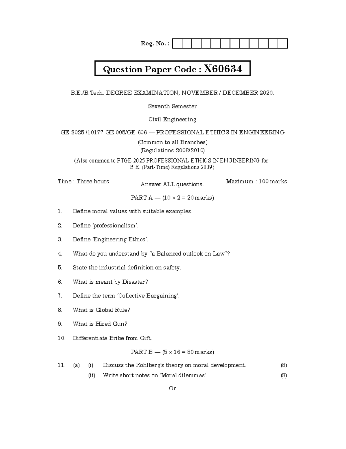 Civil Engineering GE 2025: Professional Ethics Exam Paper - Nov 2020 ...