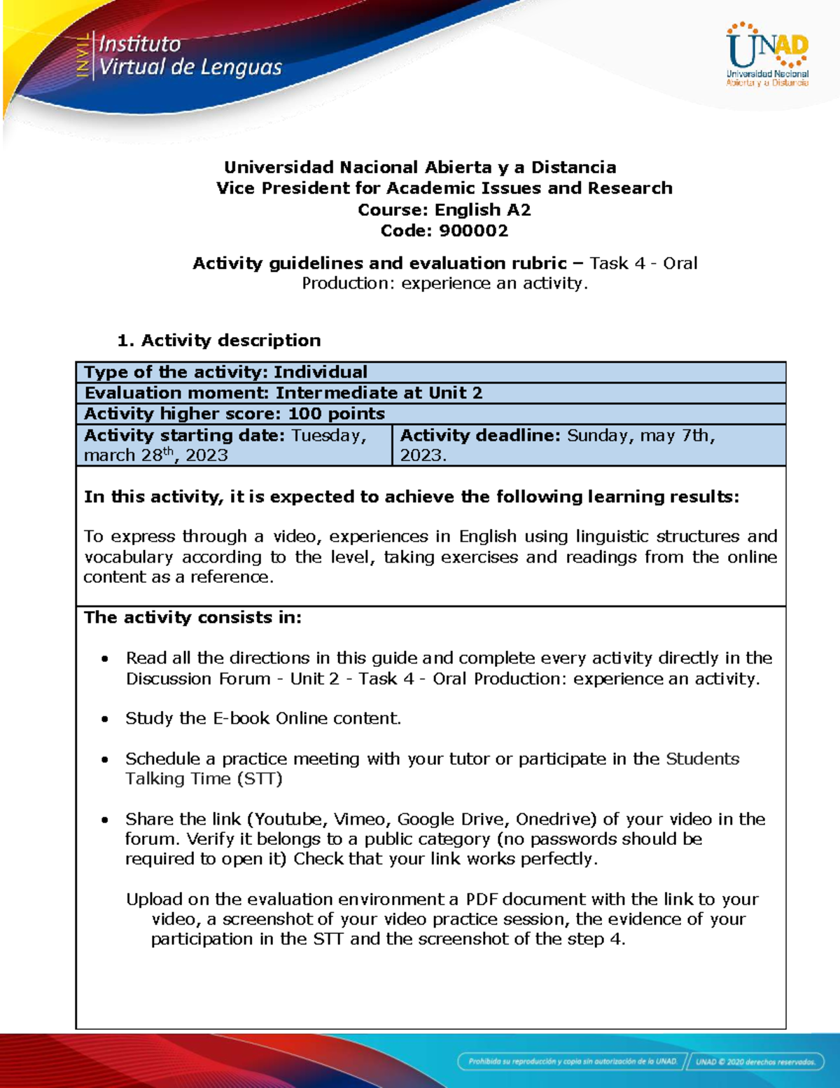 Activity guide and evaluation rubric - English A2 - Unit 2 - Task 4 ...