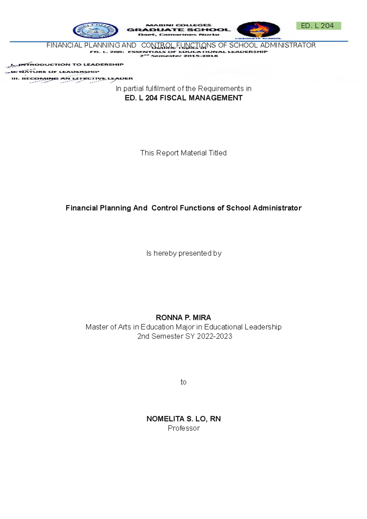 ED. L 204 - Handout: Financial Planning & Control for School Admin ...