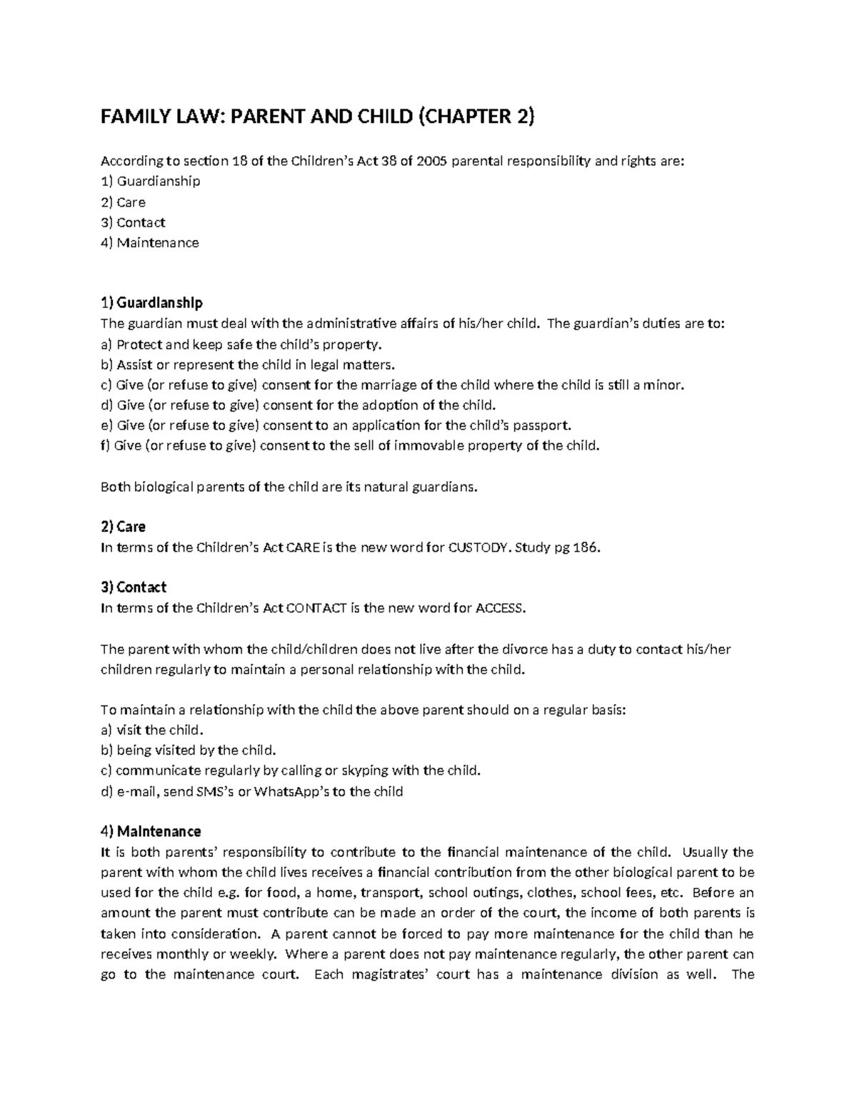 PFL 2 Family Law: Parental Rights & Responsibilities (Chapter 2) - Studocu