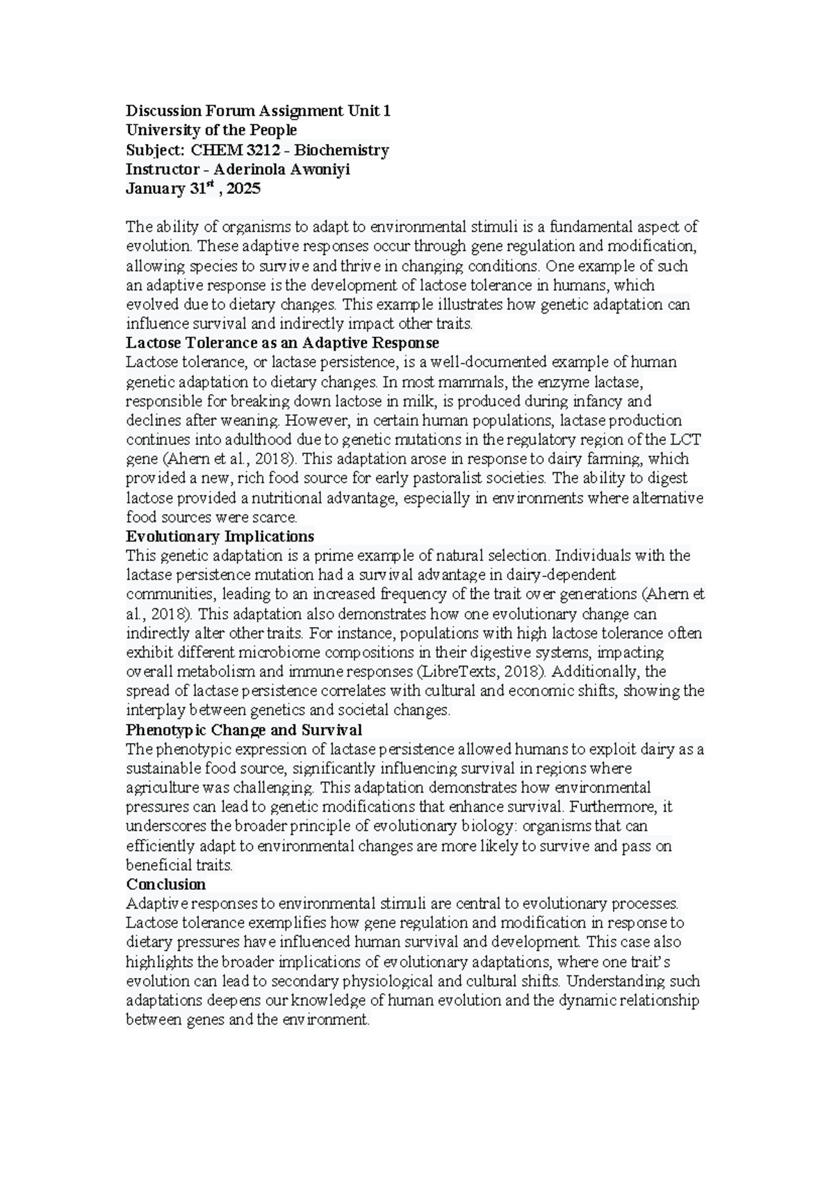 CHEM 3212 Discussion Forum Assignment: Lactose Tolerance & Evolution ...