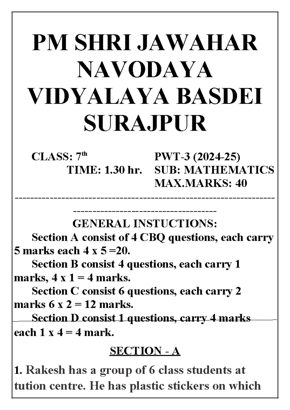 PWT-3 Mathematics Class 7 Exam Paper (2024-25) - Navodaya Vidyalaya ...