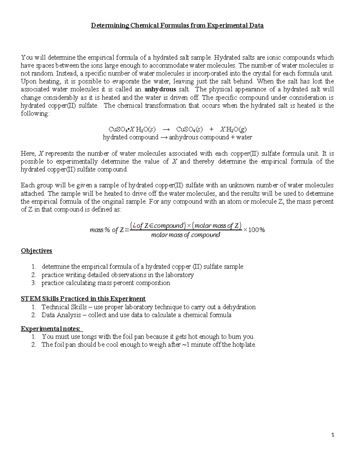 CHEM 1211 K - Determining Chemical Formulas Lab1 - Determining Chemical ...