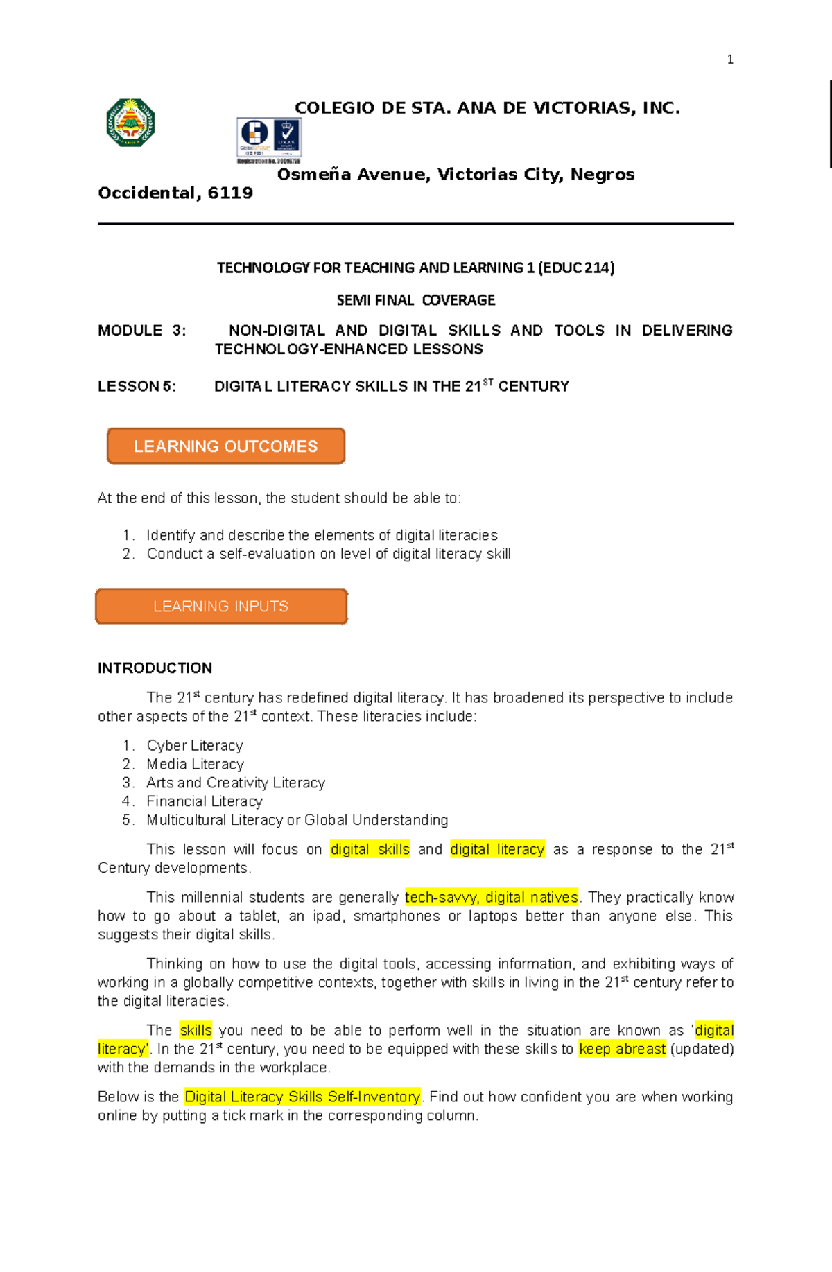 EDUC 214 - Module 3: Lesson 5 on Digital Literacy Skills in the 21st ...