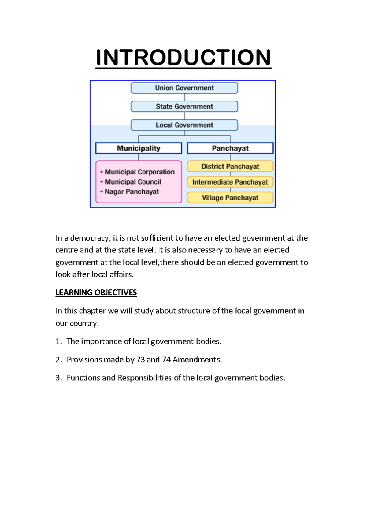 Introduction OF Local Government - INTRODUCTION In a democracy, it is ...