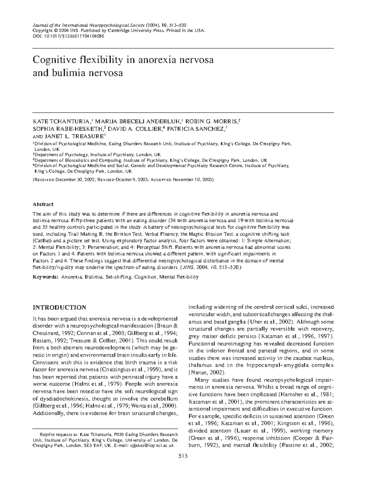 Cognitive Flexibility in Anorexia Nervosa and Bulimia Nervosa: JINS ...
