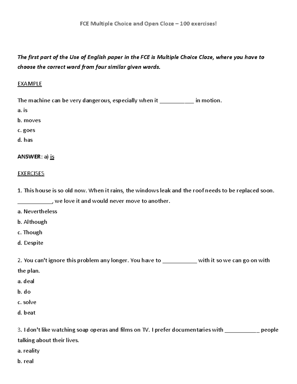 FCE Use of English: Multiple Choice & Open Cloze Exercises - Studocu