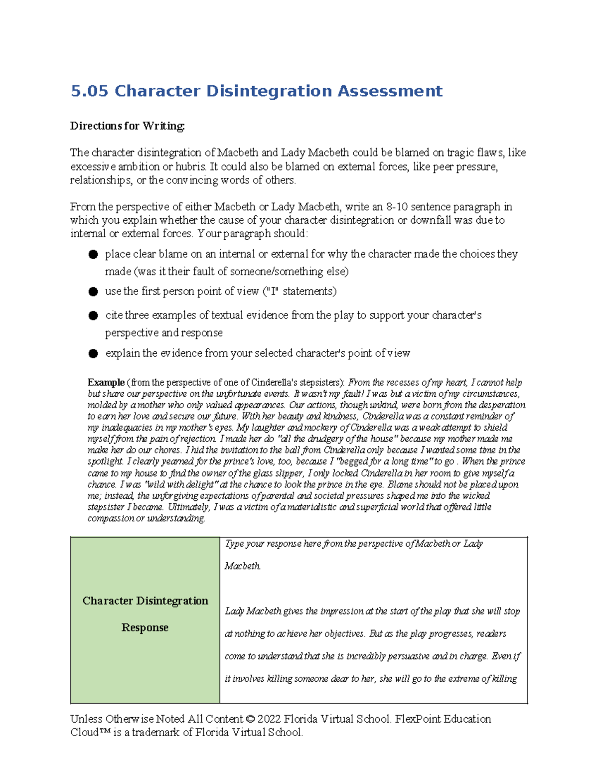 Copy of 5.05 Character Disintegration Assessment & Rubric - 5 Character ...