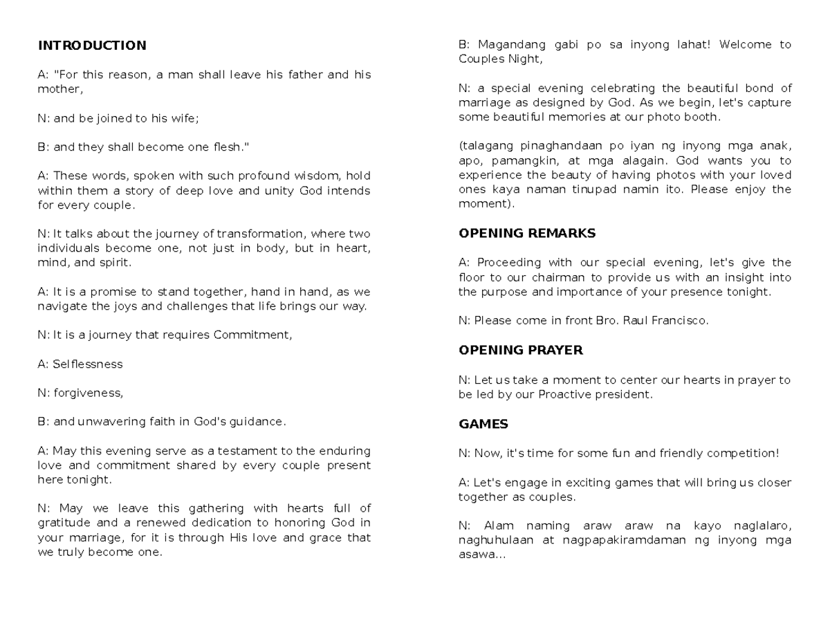 Couples' Night Script: A Celebration of Love and Unity in Marriage ...