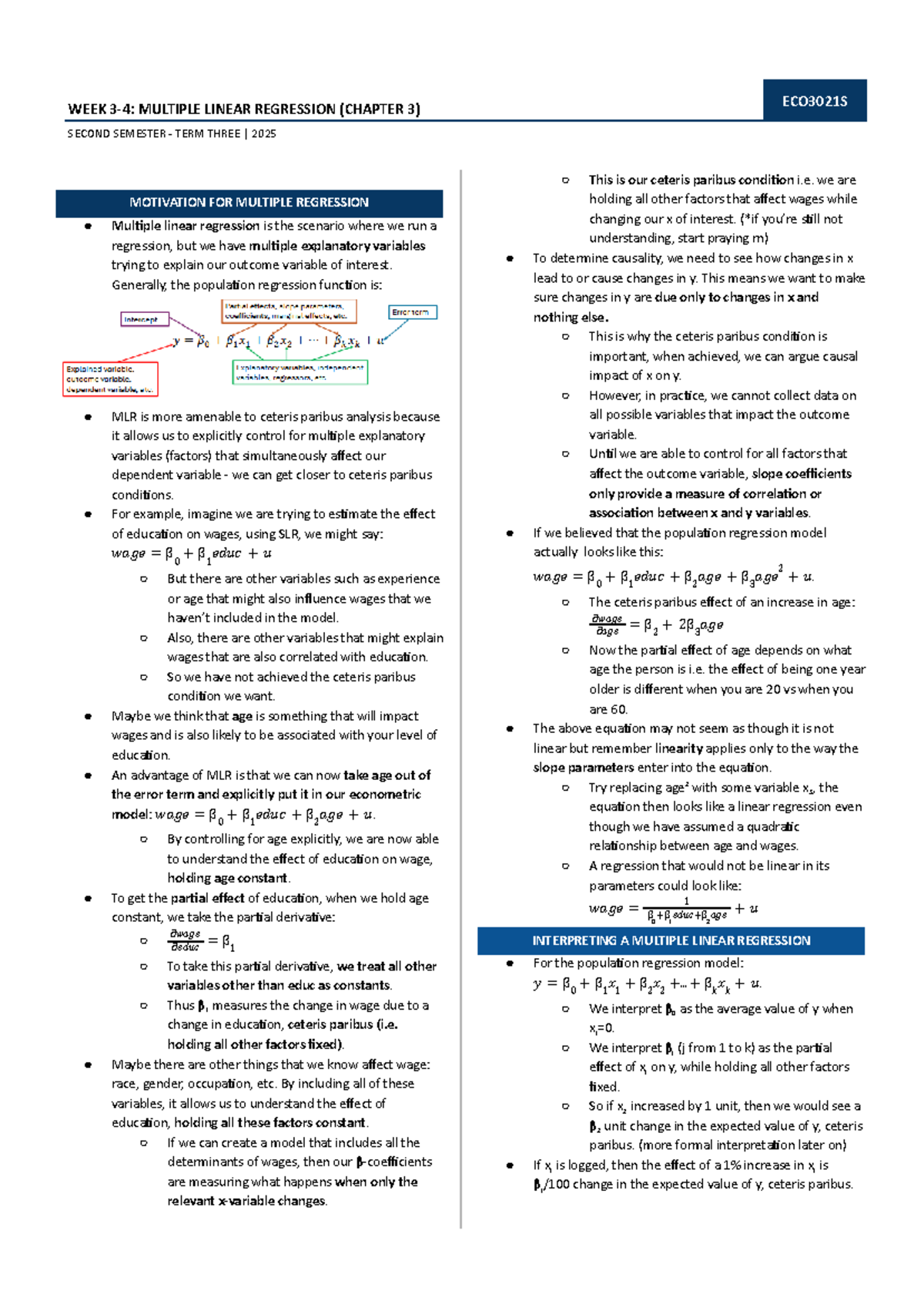 Chapter 3: Multiple Linear Regression (SEMESTER TERM THREE) - Studocu
