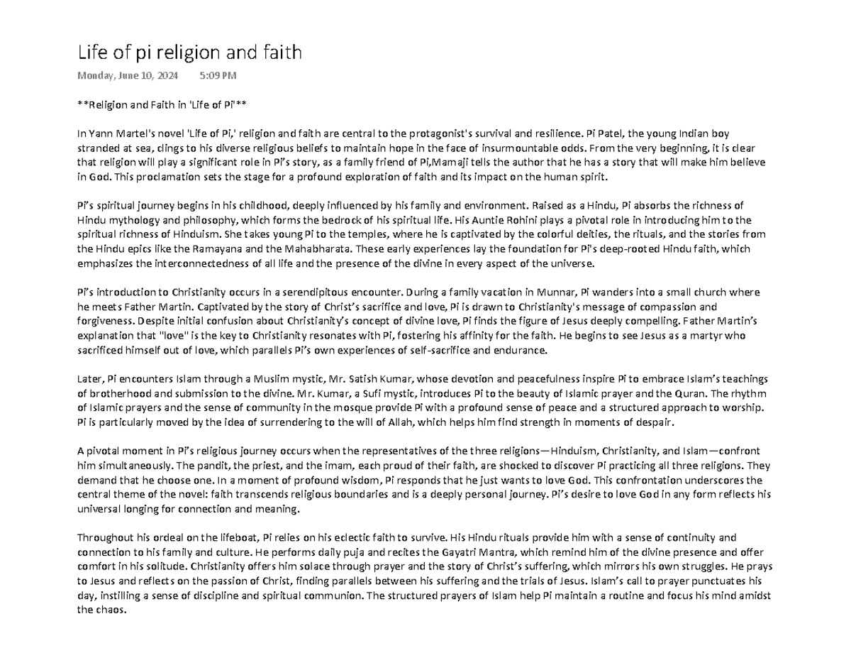 Life of Pi (ENG 101) faith essay: exploring religion and resilience ...