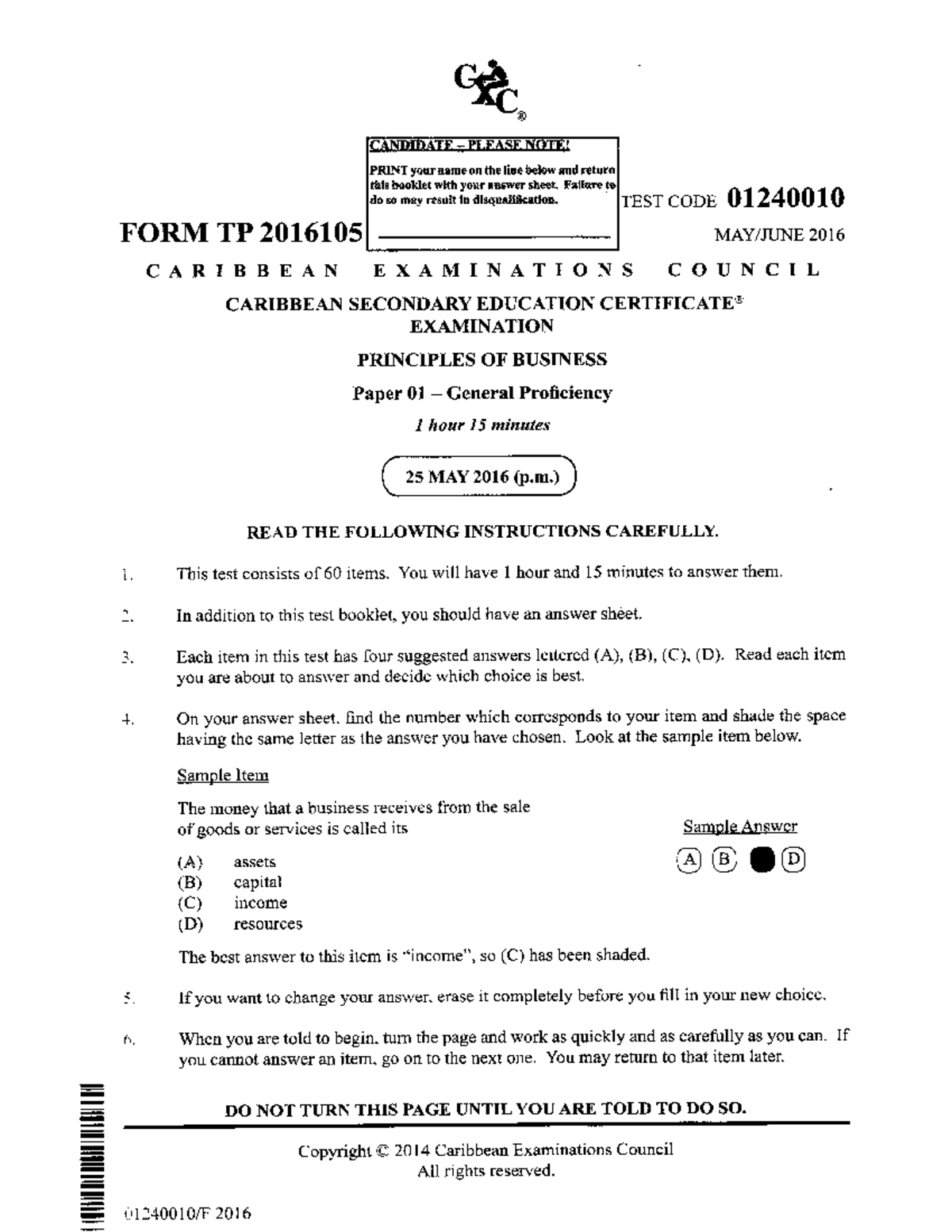 CSEC POB June 2016 Paper 01 - General Proficiency Exam - Studocu