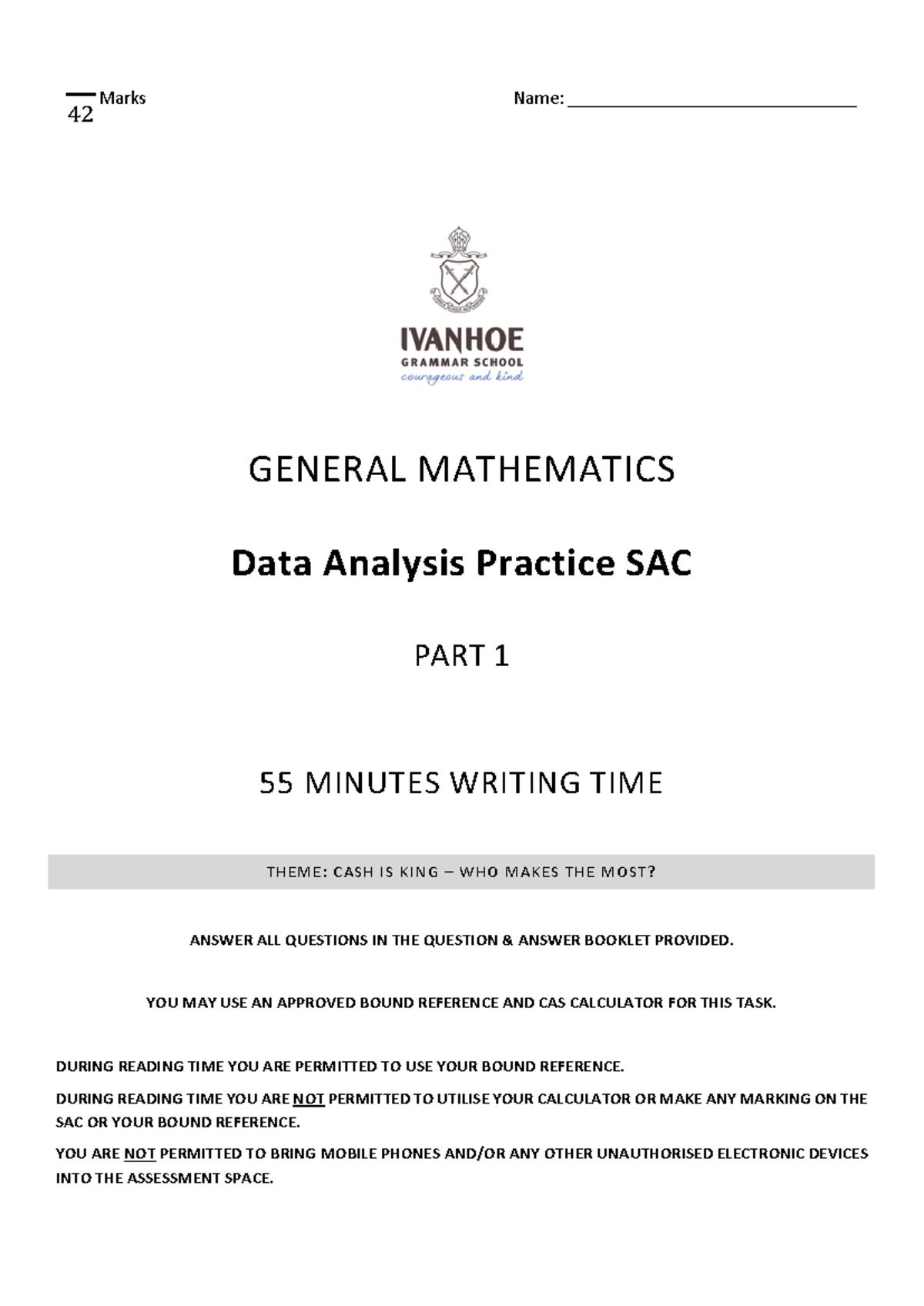 Data Analysis SAC (General Mathematics) - Cash is King Theme - Studocu