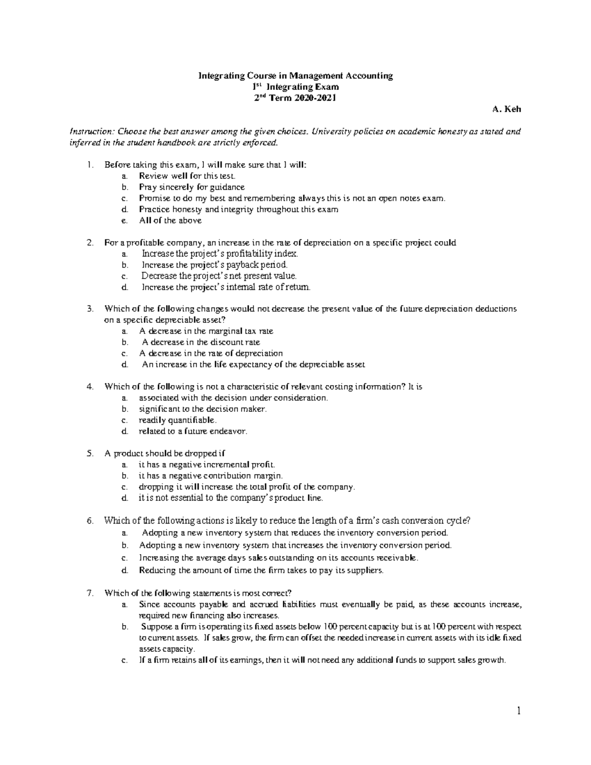 Integrating Course in Management Accounting 1st Term Exam Review 022021 ...