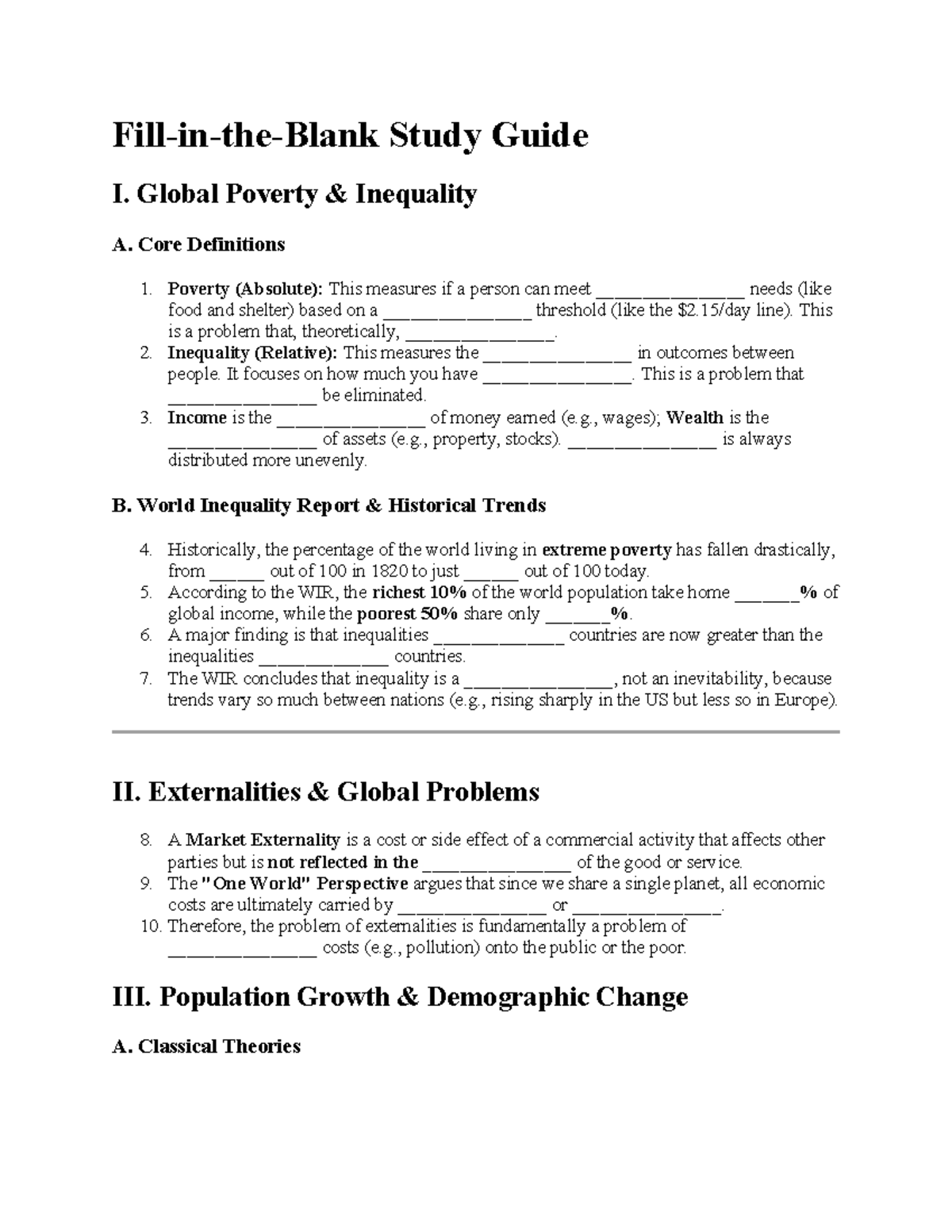 SOCI 110 Exam 3 Fill-in-the-Blank Study Guide on Global Poverty ...