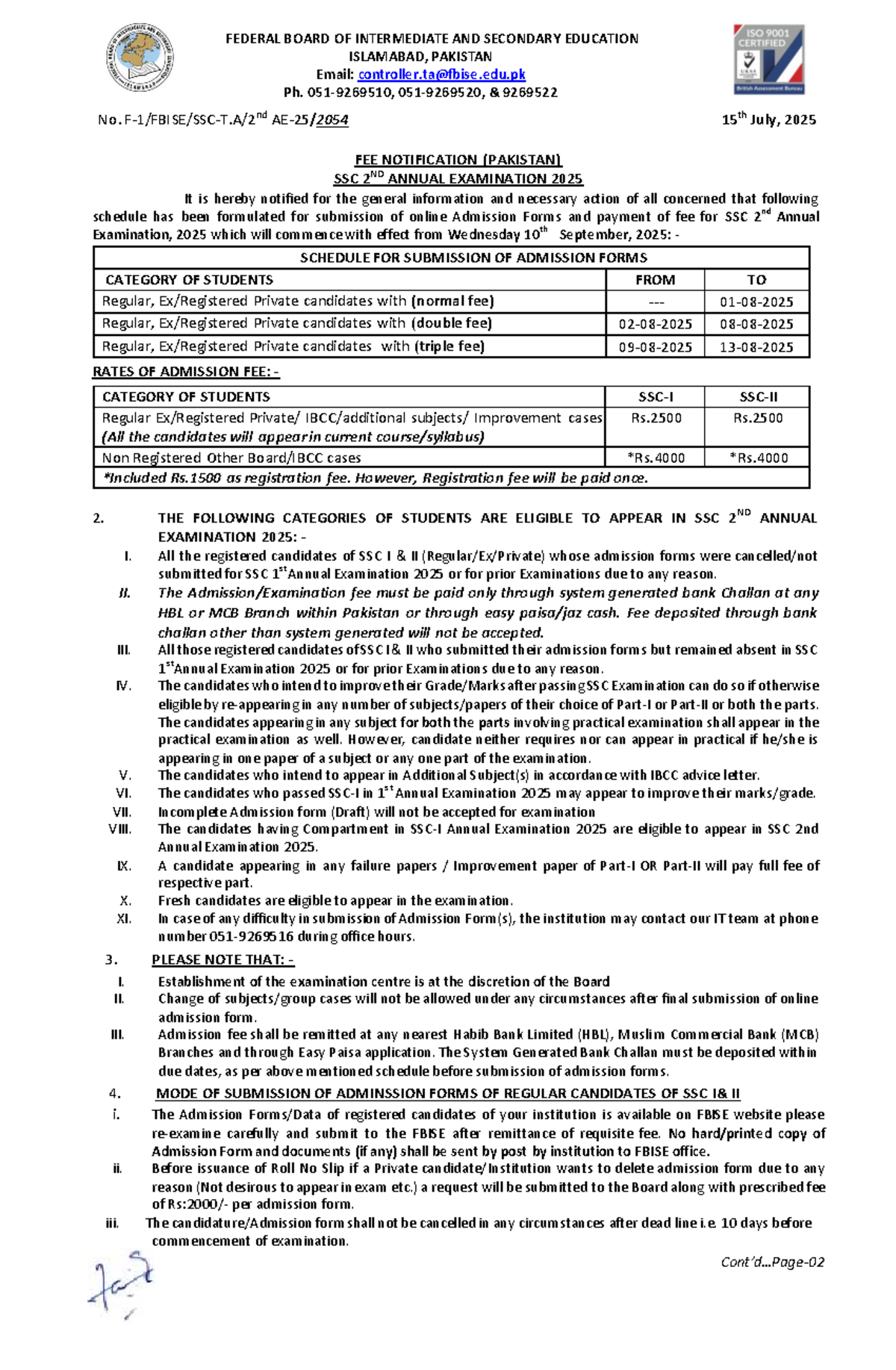 Fee Notification for SSC 2nd Annual Exam 2025 (FBISE) - Studocu